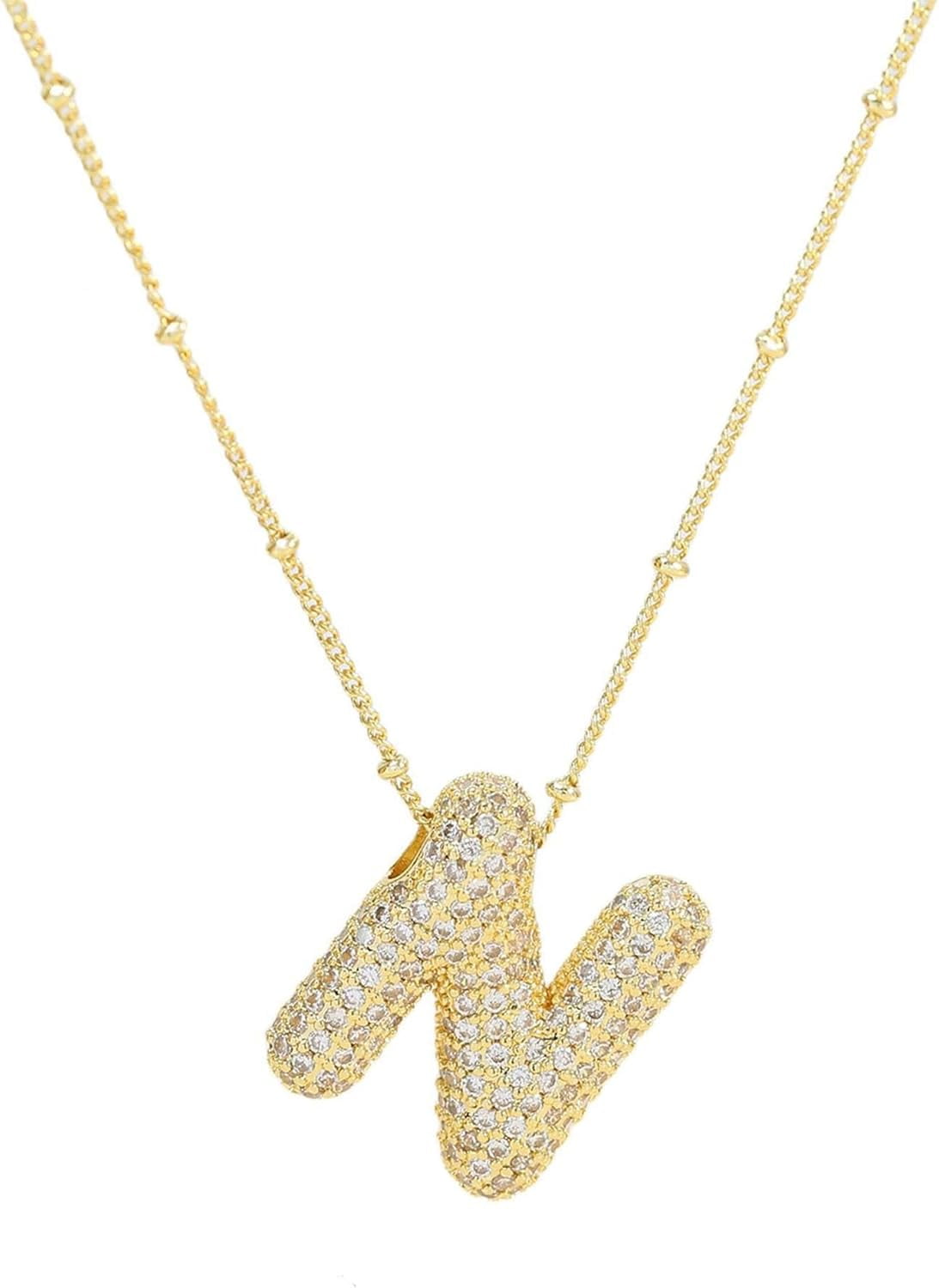 Gold Bubble Letter Necklace For Women,14K Gold Plated Balloon Initial ...