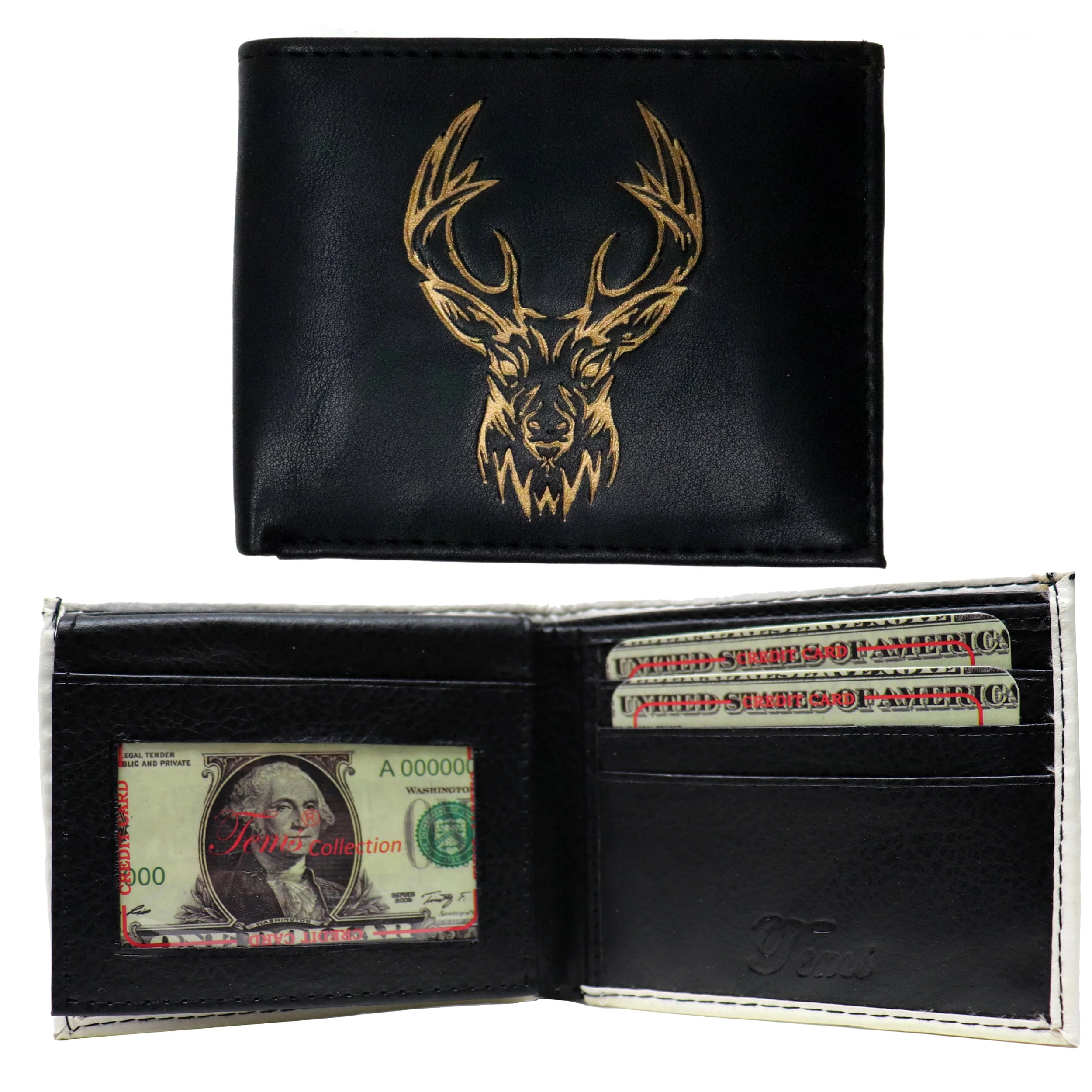 Gold Buck Deer Head Black Leather Bi-Fold Bifold Wallet - Walmart.com