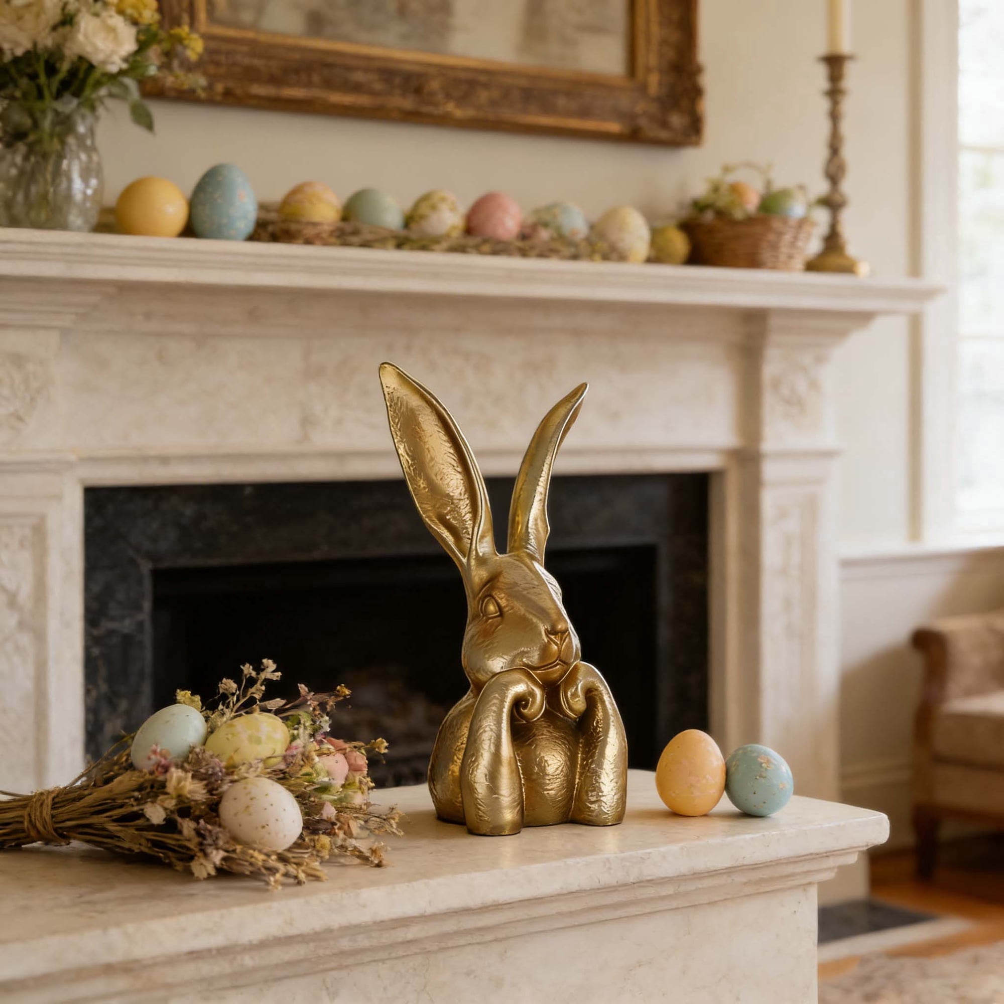 Gold Bunny Statue Vintage Spring Rabbits Easter Decor Resin Table ...
