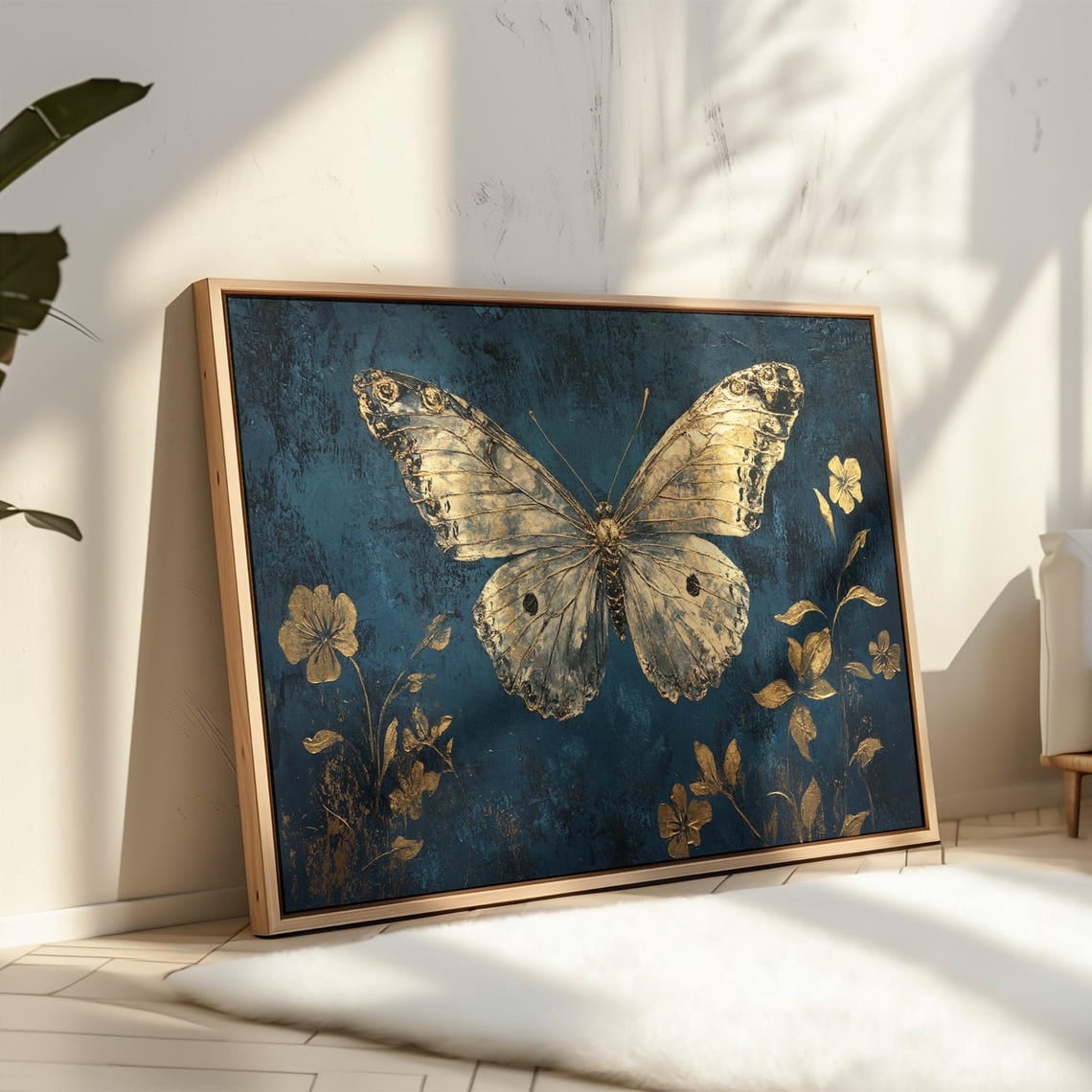 Gold Butterfly Navy Blue Floral Botanical Wall Art UNFRAMED PAPER ...