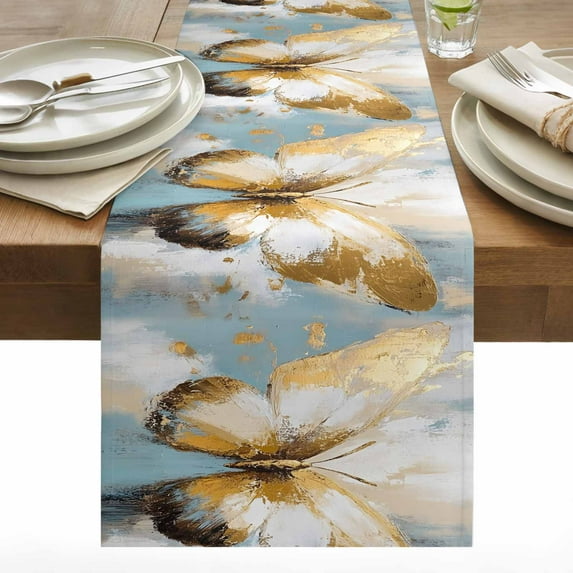 Gold Butterfly Table Runner 13x60 inch Abstract Modern Cotton Linen ...