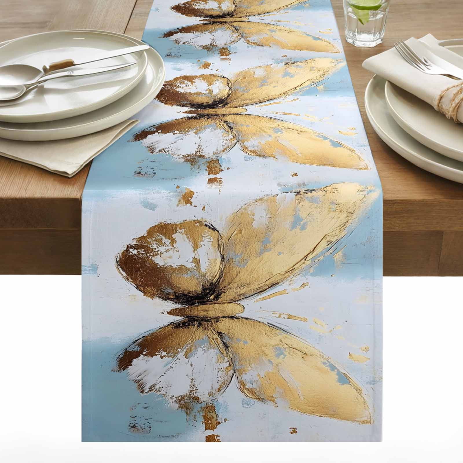 Gold Butterfly Table Runner 13x72 inch Abstract Oil Painting Cotton ...