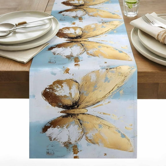 Gold Butterfly Table Runner 13x72 inch Abstract Oil Painting Cotton ...