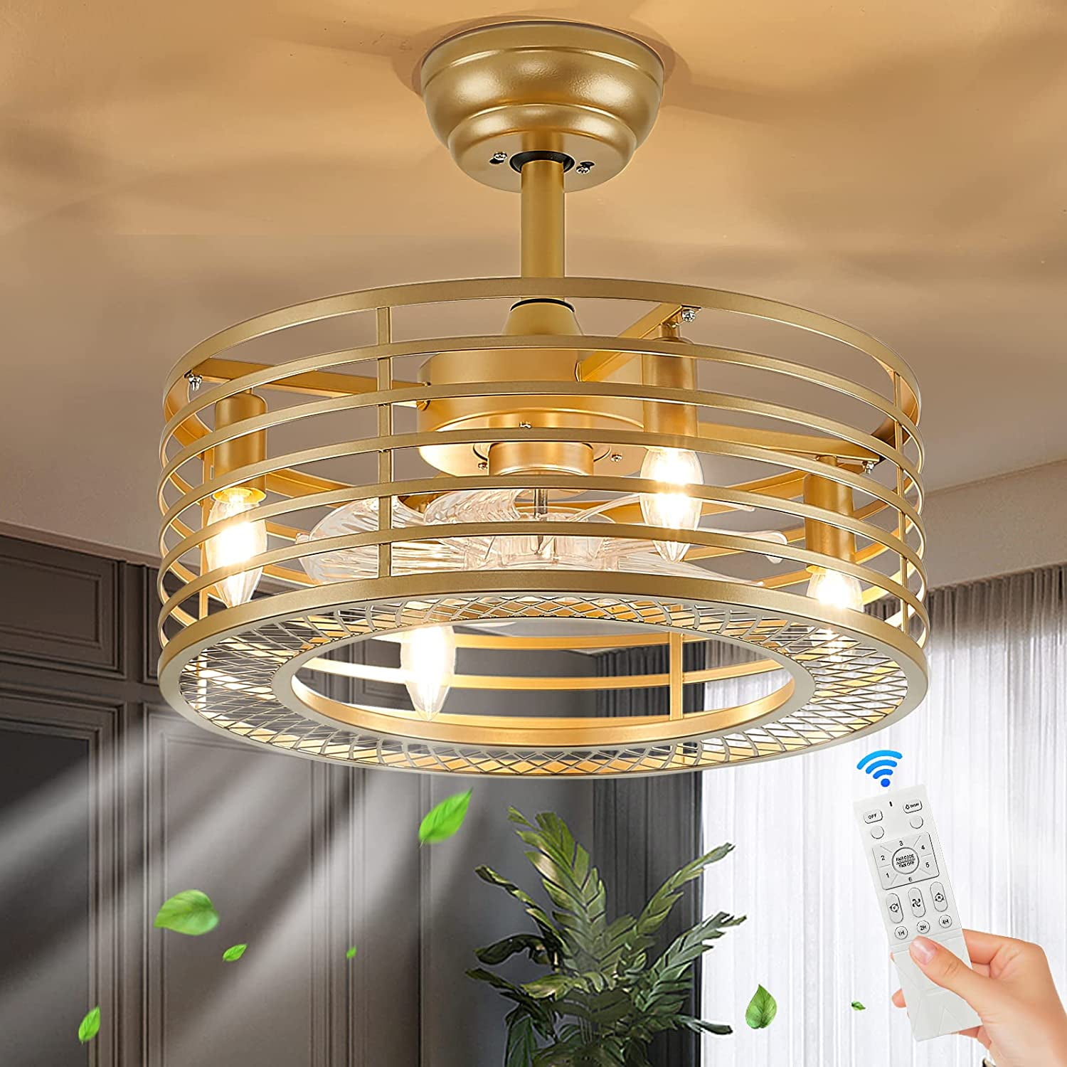 Gold Caged Ceiling Fan Light with Remote Control Modern Invisible ...