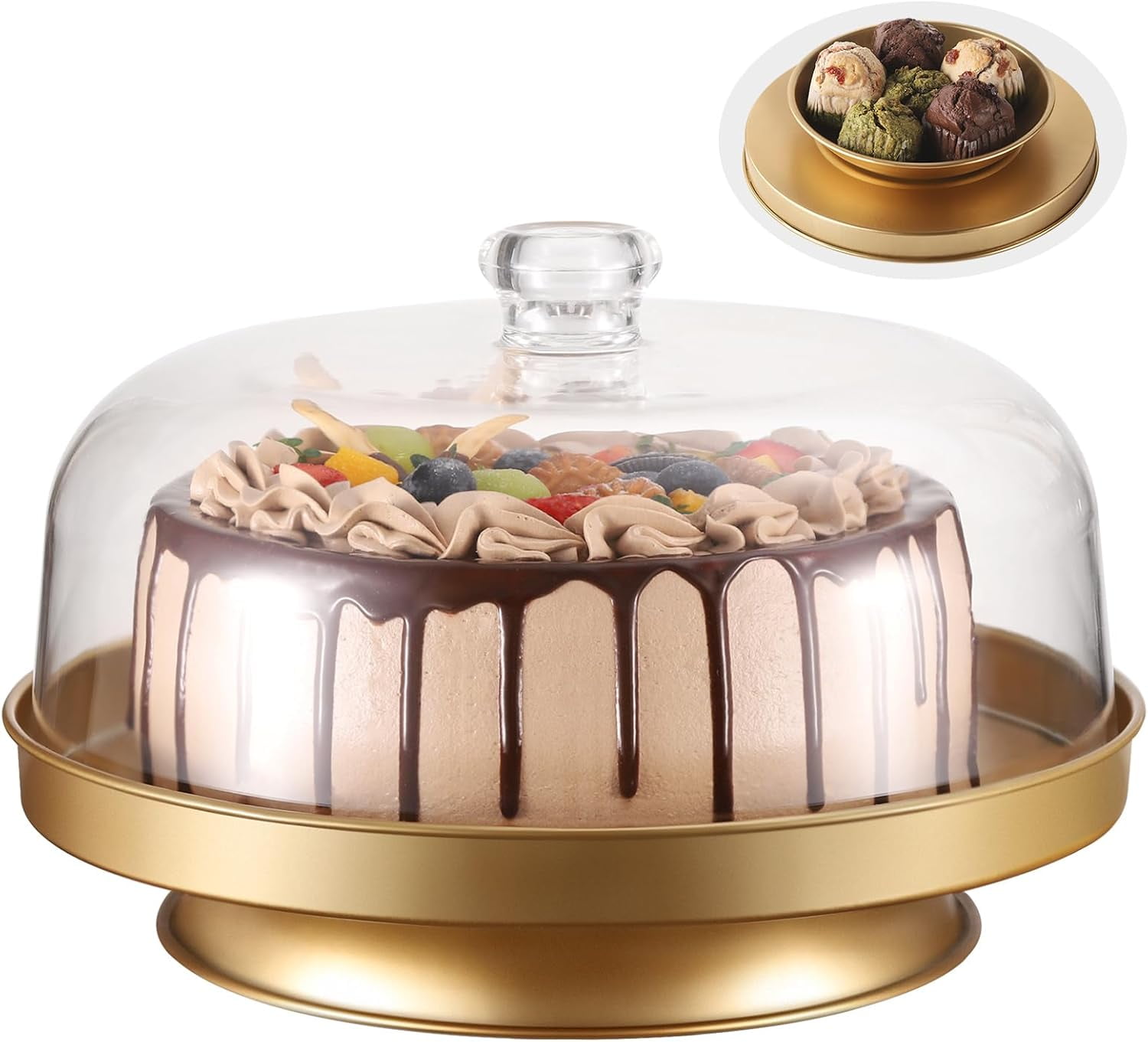 Gold Cake Stand with Dome，2-In-1 Cake Holder With Lid，Metal Dessert ...