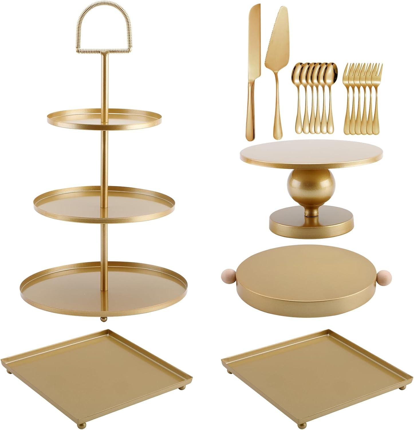 Gold Cake Stand Flatware Set Decorative Desserts Display Pedestals 3 ...