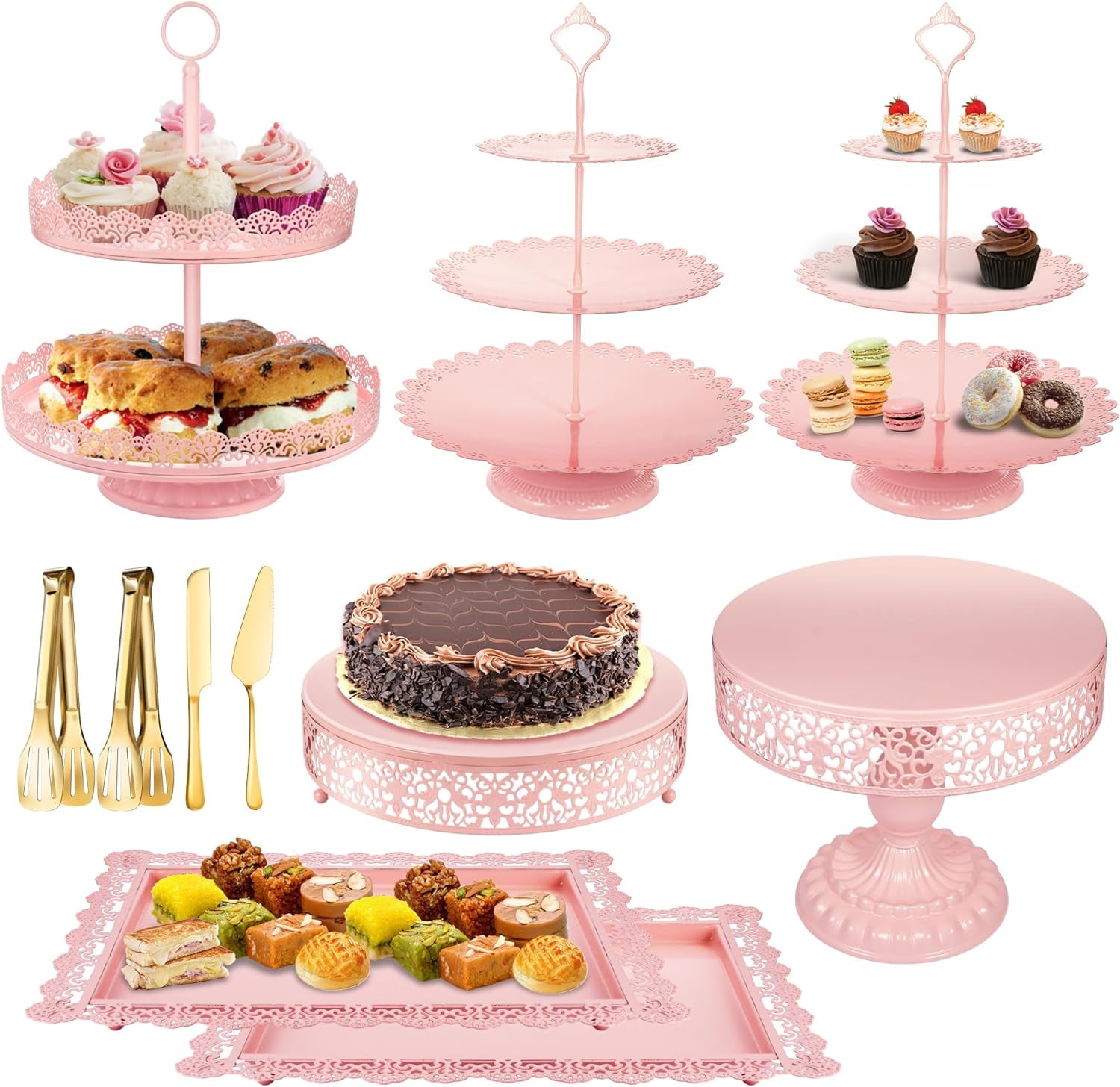 Gold Cake Stand Metal Dessert Table Display Set Tiered Cupcake Holder ...