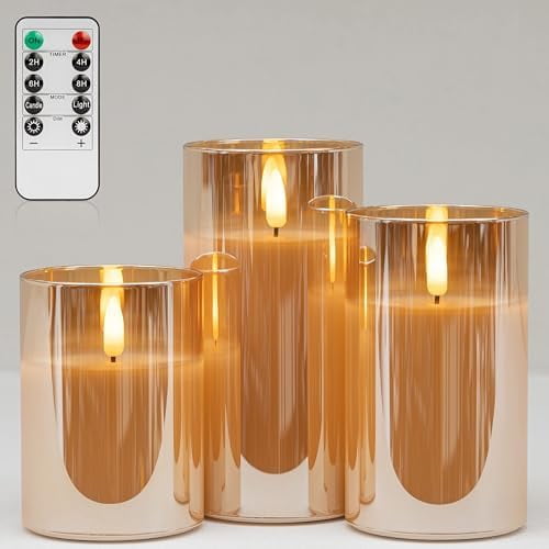 Gold Candles for Bathroom Decor, Glass Flameless Candles with Remote ...