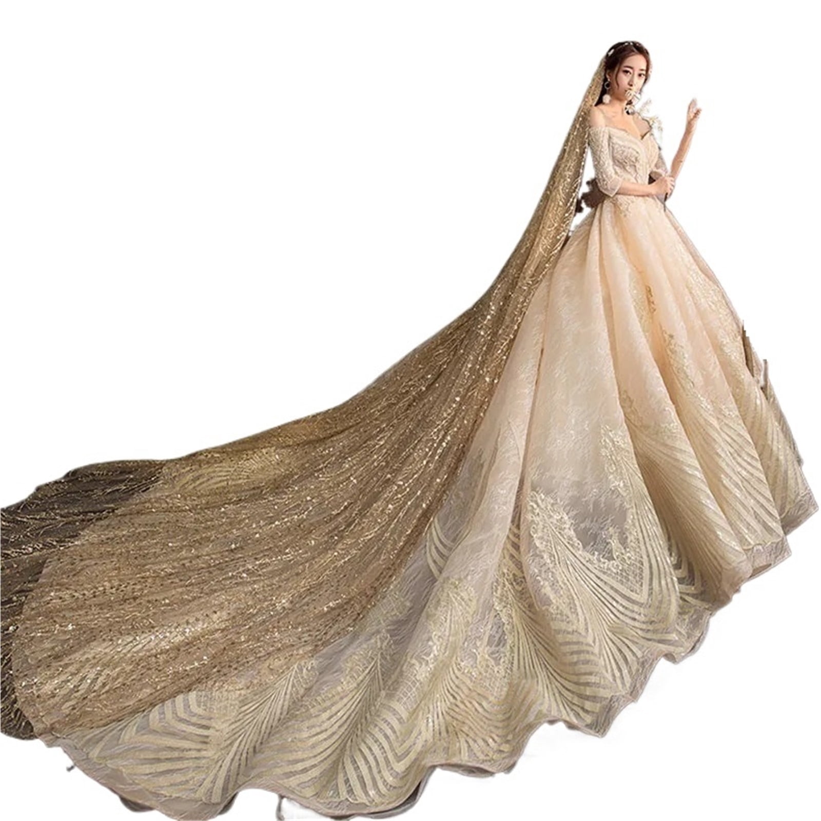 Gold Cathedral Wedding Veil with Clip - Shiny Sequin Long Train Bridal ...