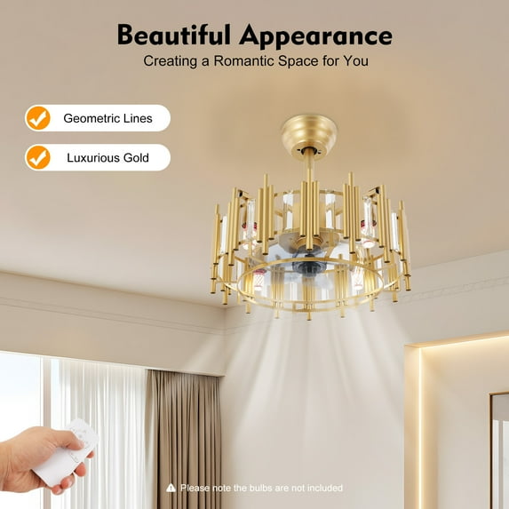 Gold Ceiling Fan with Light and Remote 20-inch Crystal Chandelier Fan ...