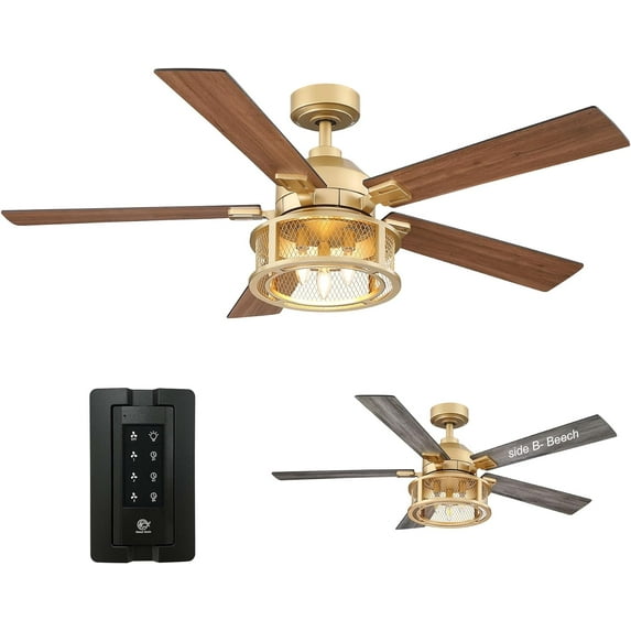 Gold Ceiling Fans with Lights and Remote, 52 Inch Farmhouse Ceiling Fan ...