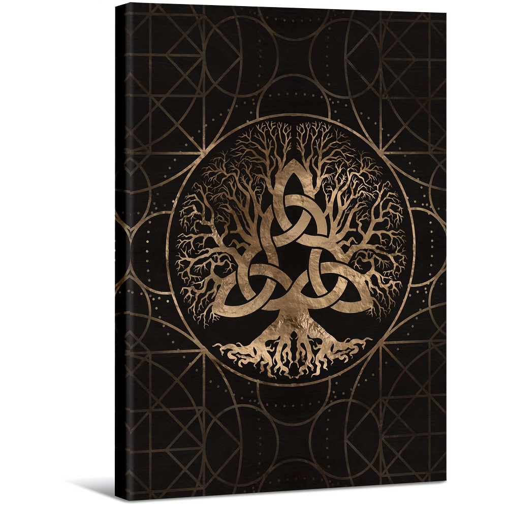 Gold Celtic Tree On Black And Gray Patterned Background Large Wooden Framed Wall Art Home Decor ...
