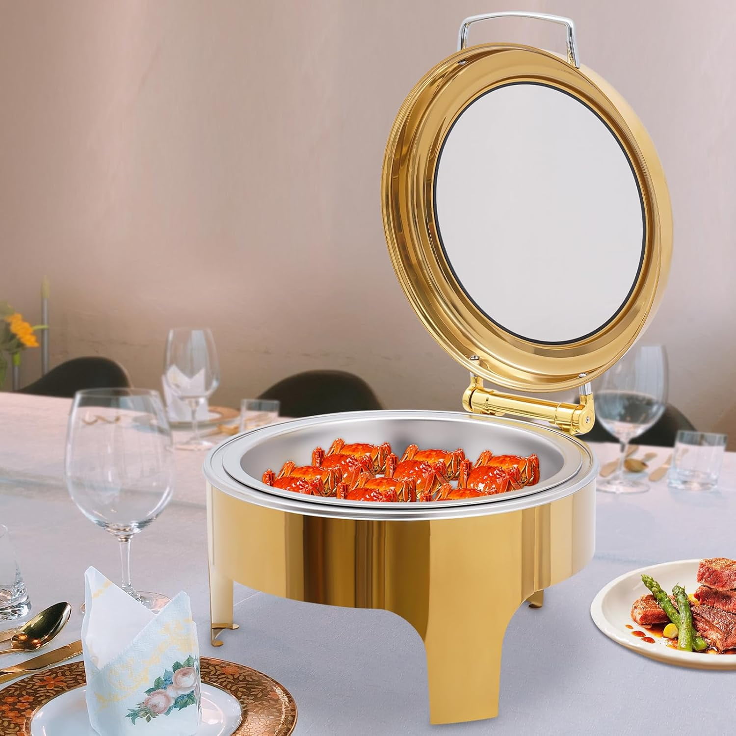 Gold Chafing Dish Buffet Set 6.34Qt Round Chafing Dishes with Flip Lid Stainless Steel Buffet ...