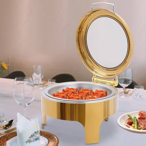 Gold Chafing Dish Buffet Set 6.34Qt Round Chafing Dishes with Flip Lid ...