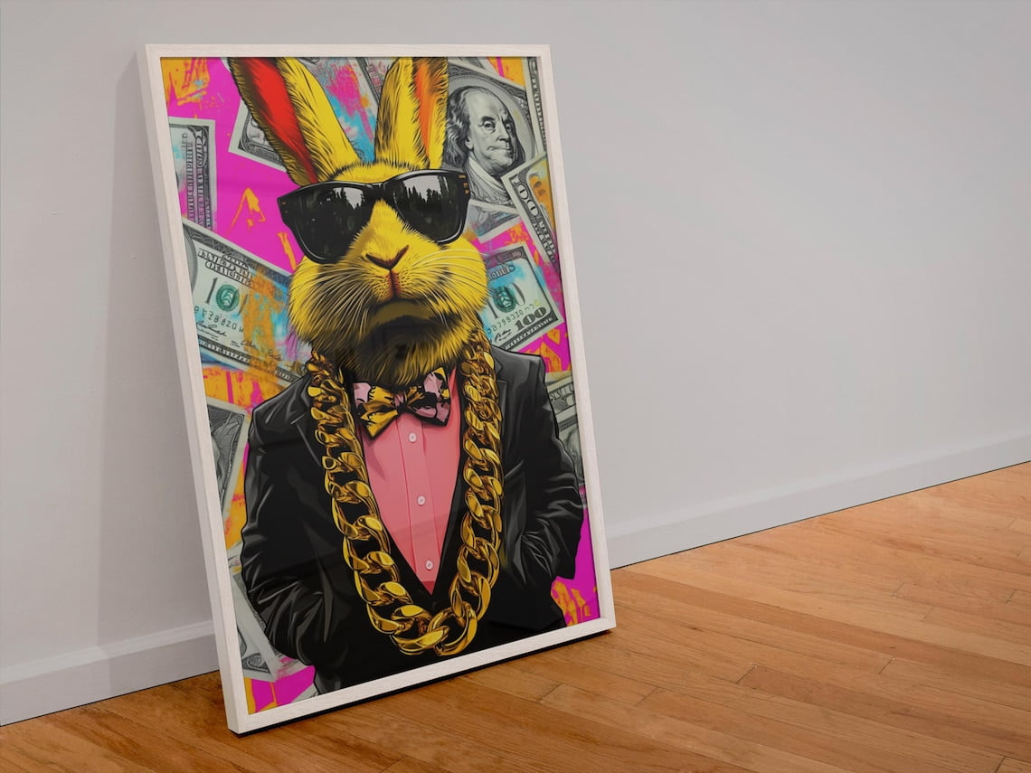 Gold Chain Bunny Art Hip-Hop Rabbit Wall Print Luxury Graffiti Money ...