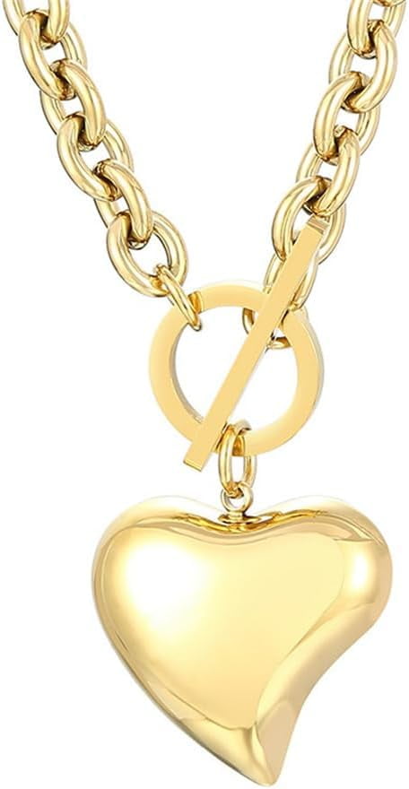 Gold Chain Necklace Bracelet Toggle Clasp Stainless Steel Puffy Heart ...