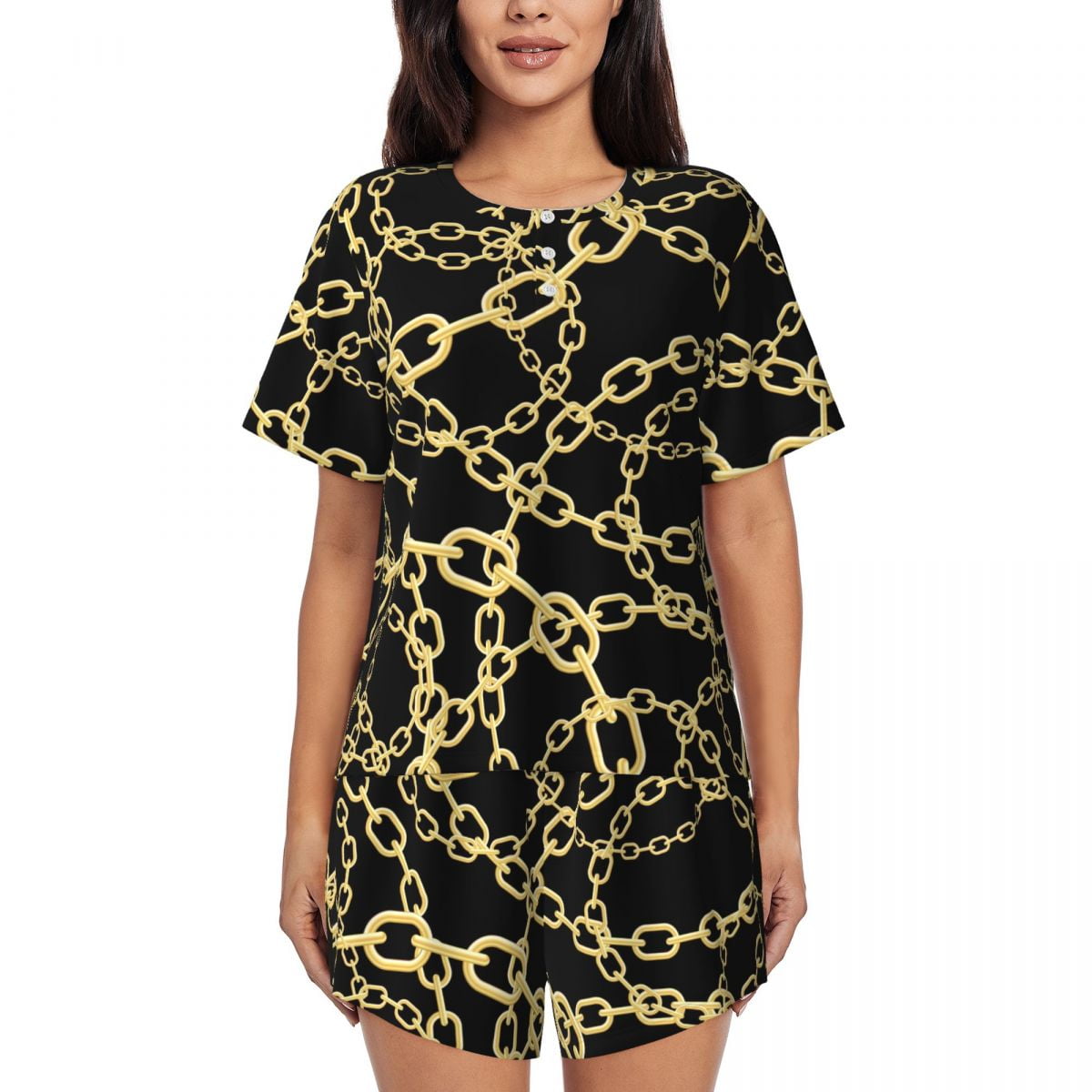 Gold Chain Pajamas ShortSleeve Blue Floral Print 2 Piece Sleep Pajamas ...