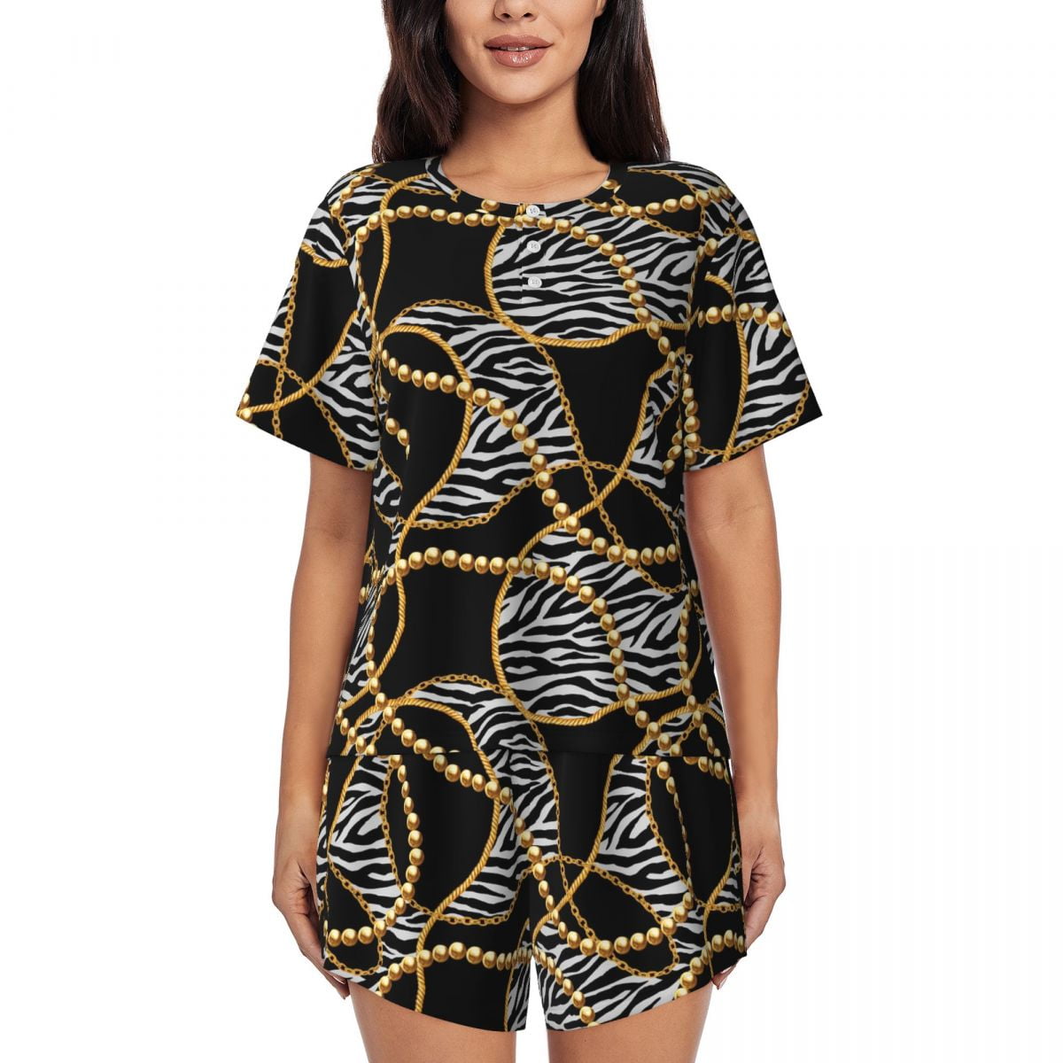 Gold Chain Pajamas ShortSleeve Blue Floral Print 2 Piece Sleep Pajamas ...