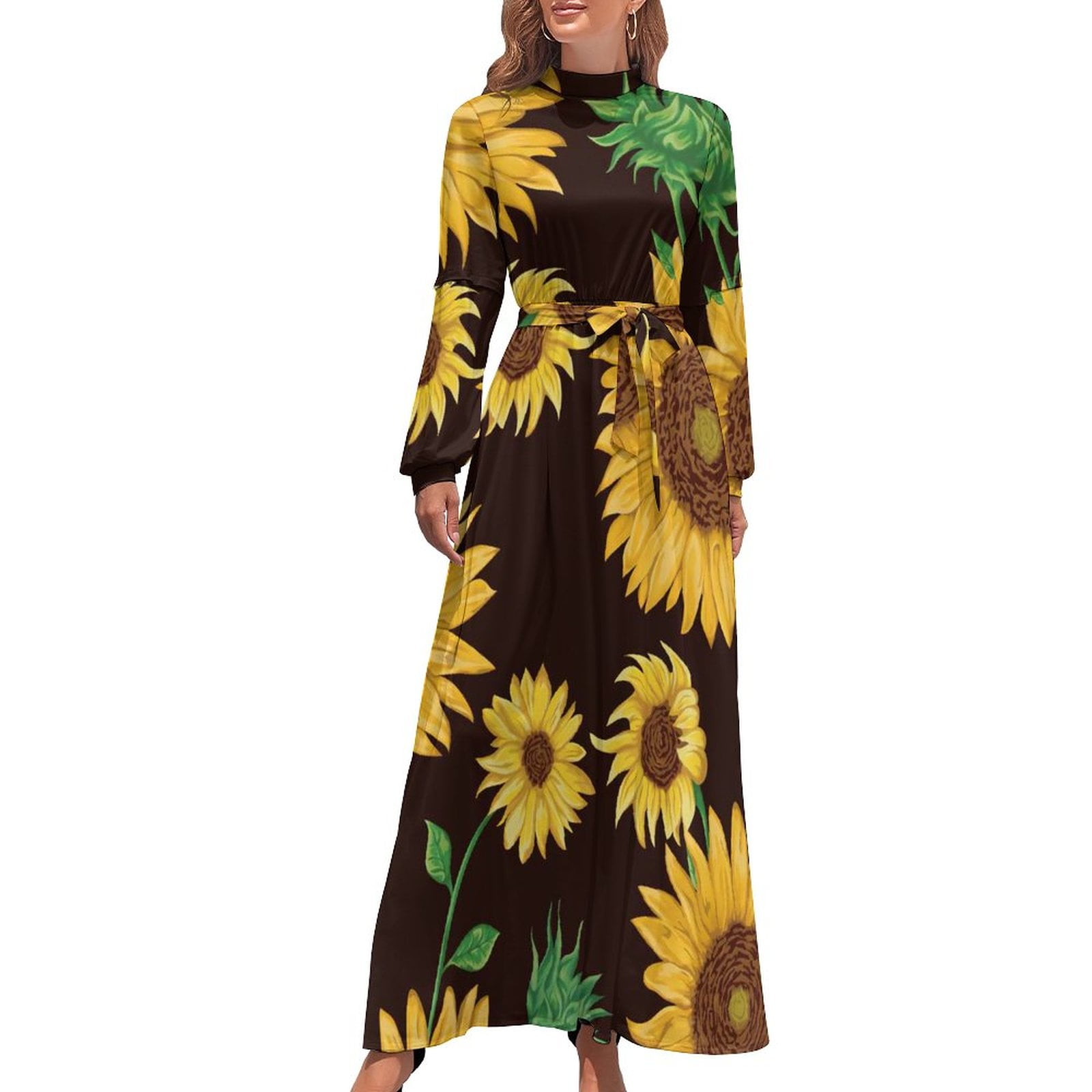 Gold Chain Sunflower Dress Yellow Sunflowers Elegant Maxi Dress Street ...