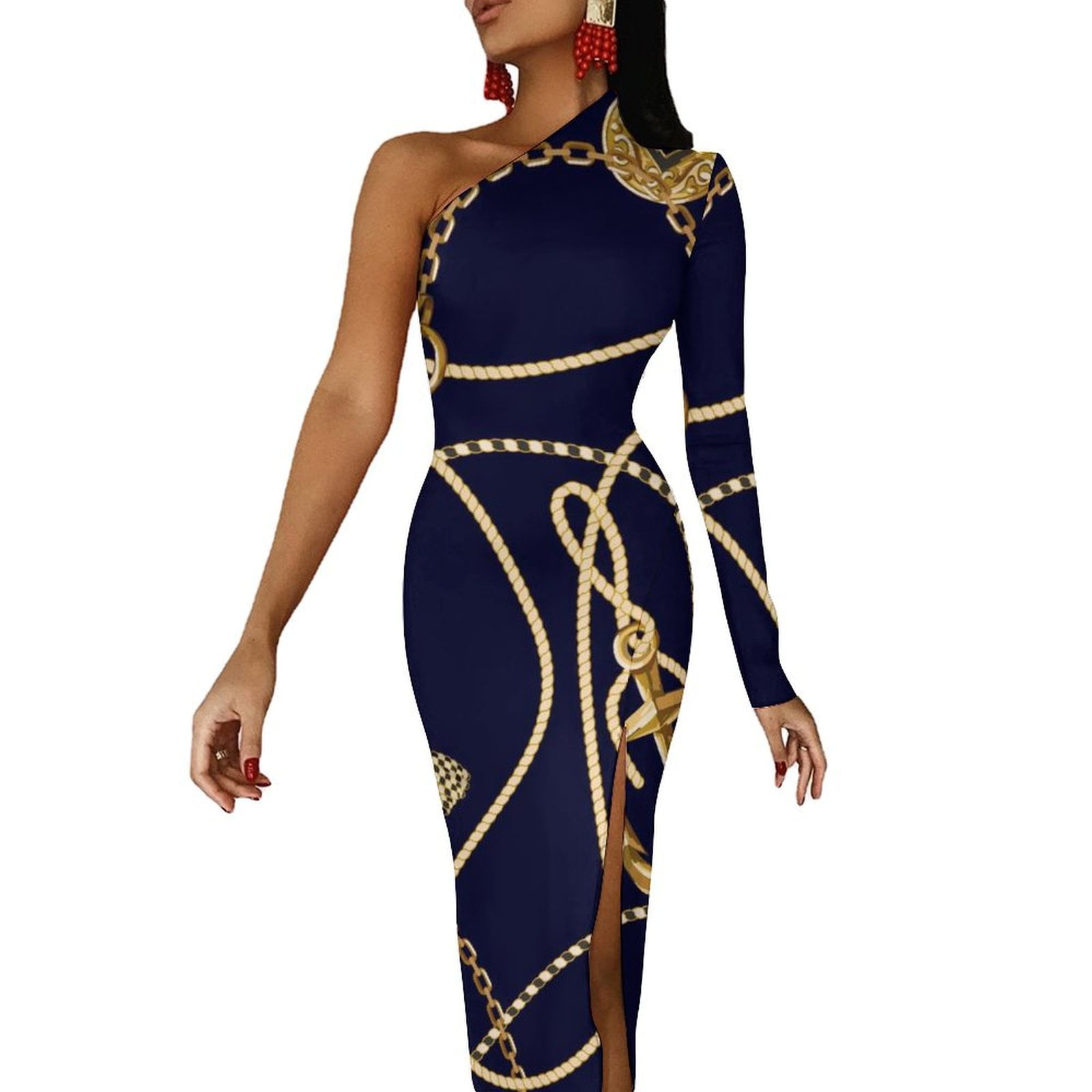Gold Chains Bodycon Dress Summer Baroque Style Modern Side Split Long ...