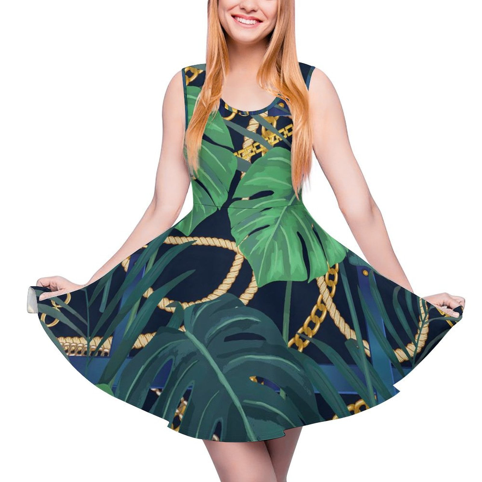 Gold Chains Dress Bead Print Cute Dresses Sleeveless Aesthetic Skate ...