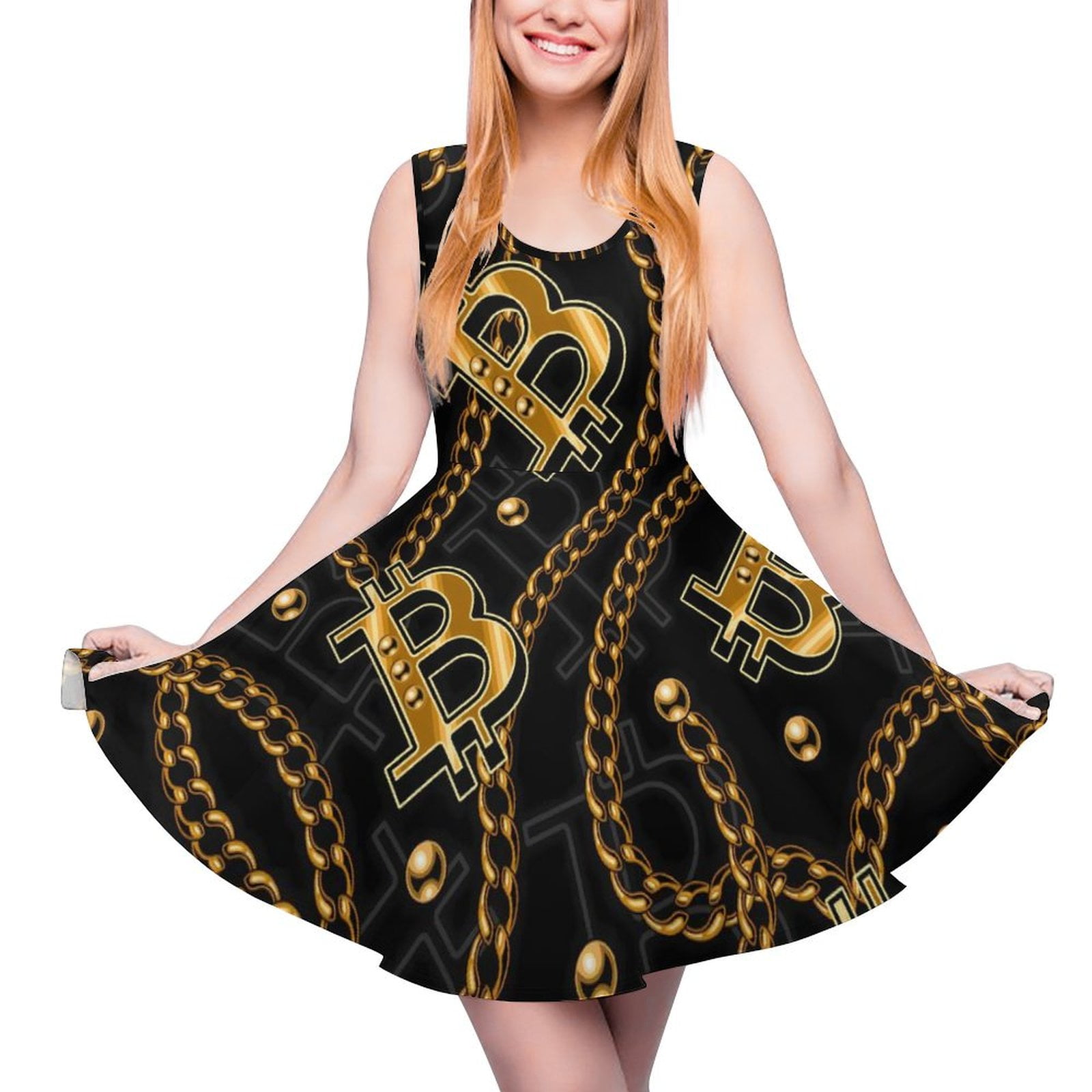 Gold Chains Dress Bead Print Cute Dresses Sleeveless Aesthetic Skate ...