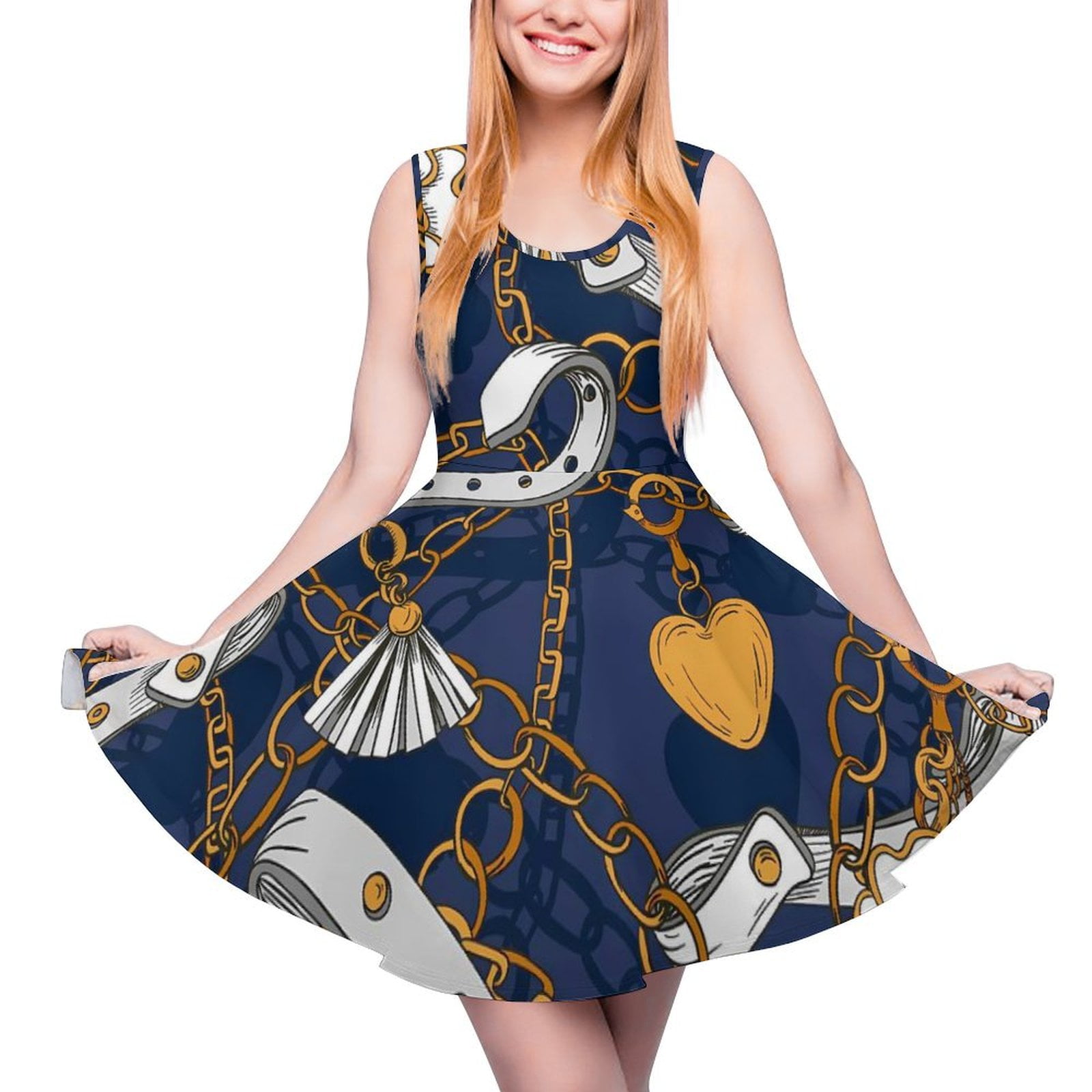 Gold Chains Dress Bead Print Cute Dresses Sleeveless Aesthetic Skate ...