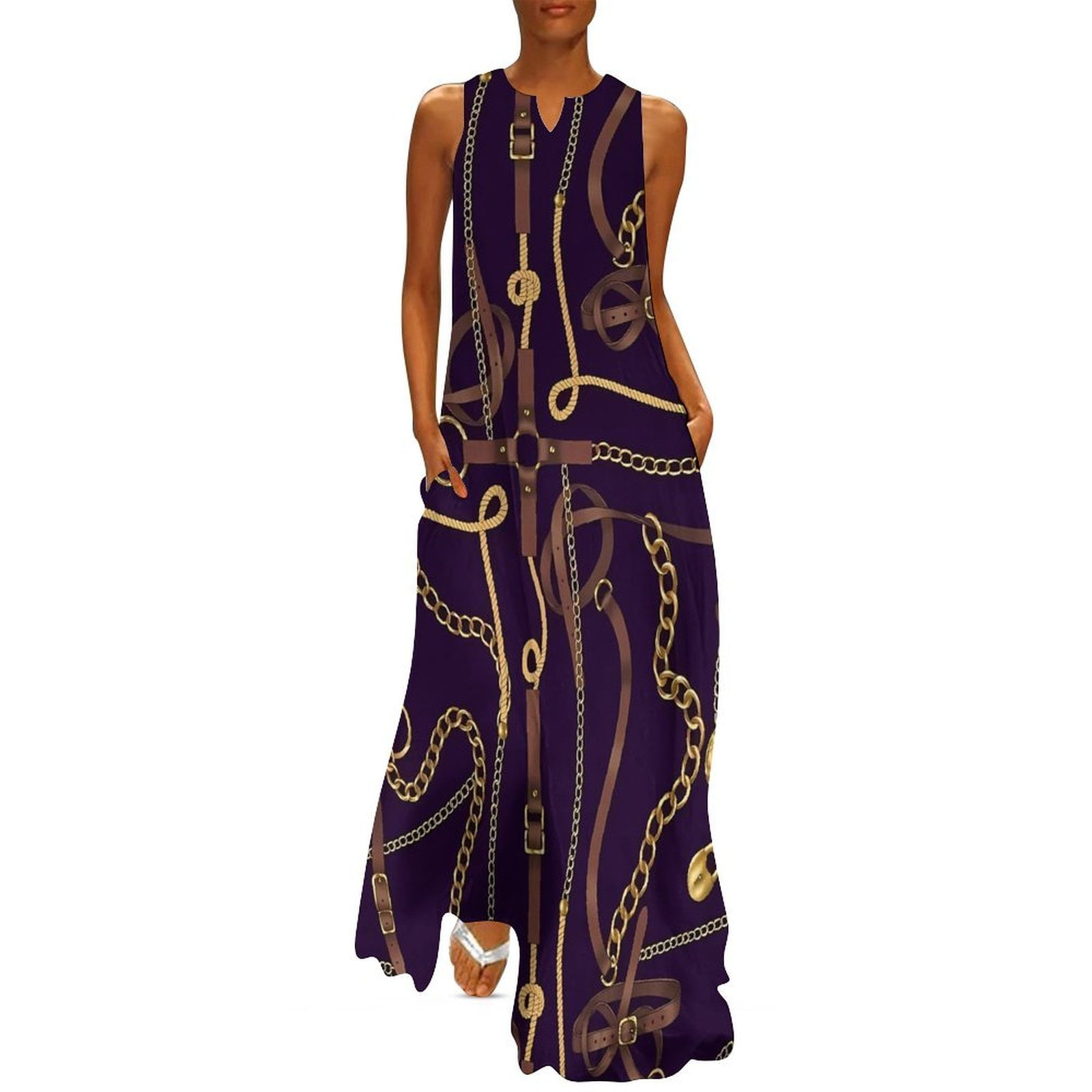 Gold Chains Dress Jewelry Print Elegant Maxi Dress V Neck Pattern ...