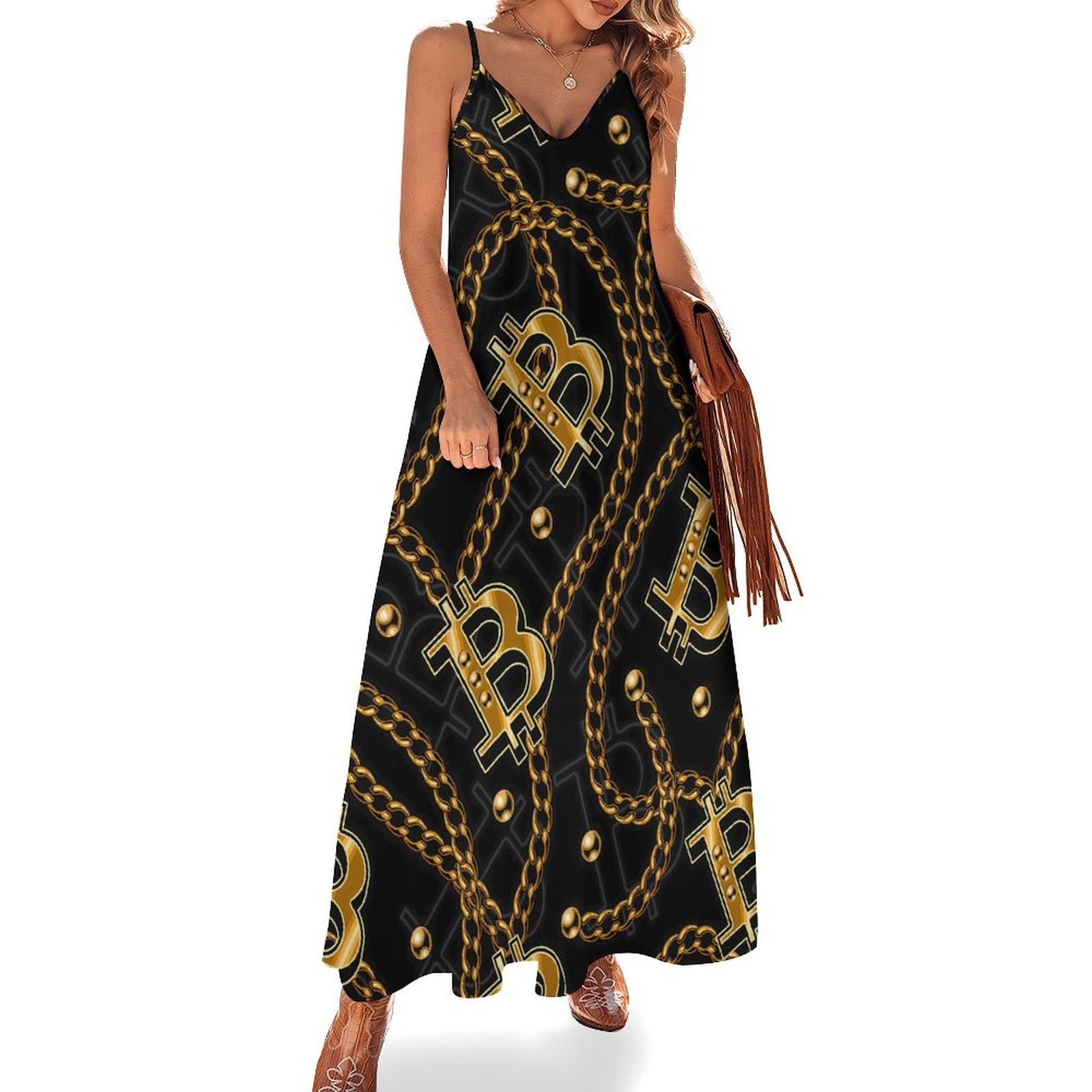 Gold Chains Dress Jewelry Print Vintage Maxi Dress Street Fashion ...