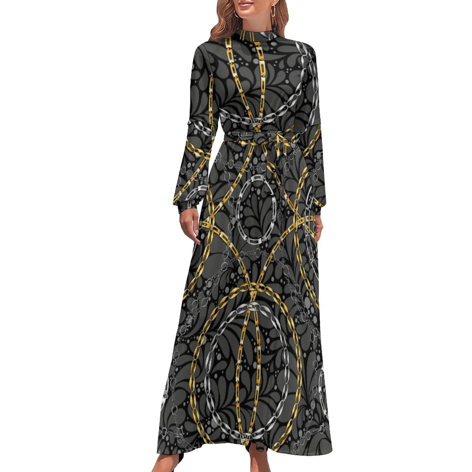 Gold Chains Dress Modern Pearls Print Elegant Maxi Dress Street Wear ...