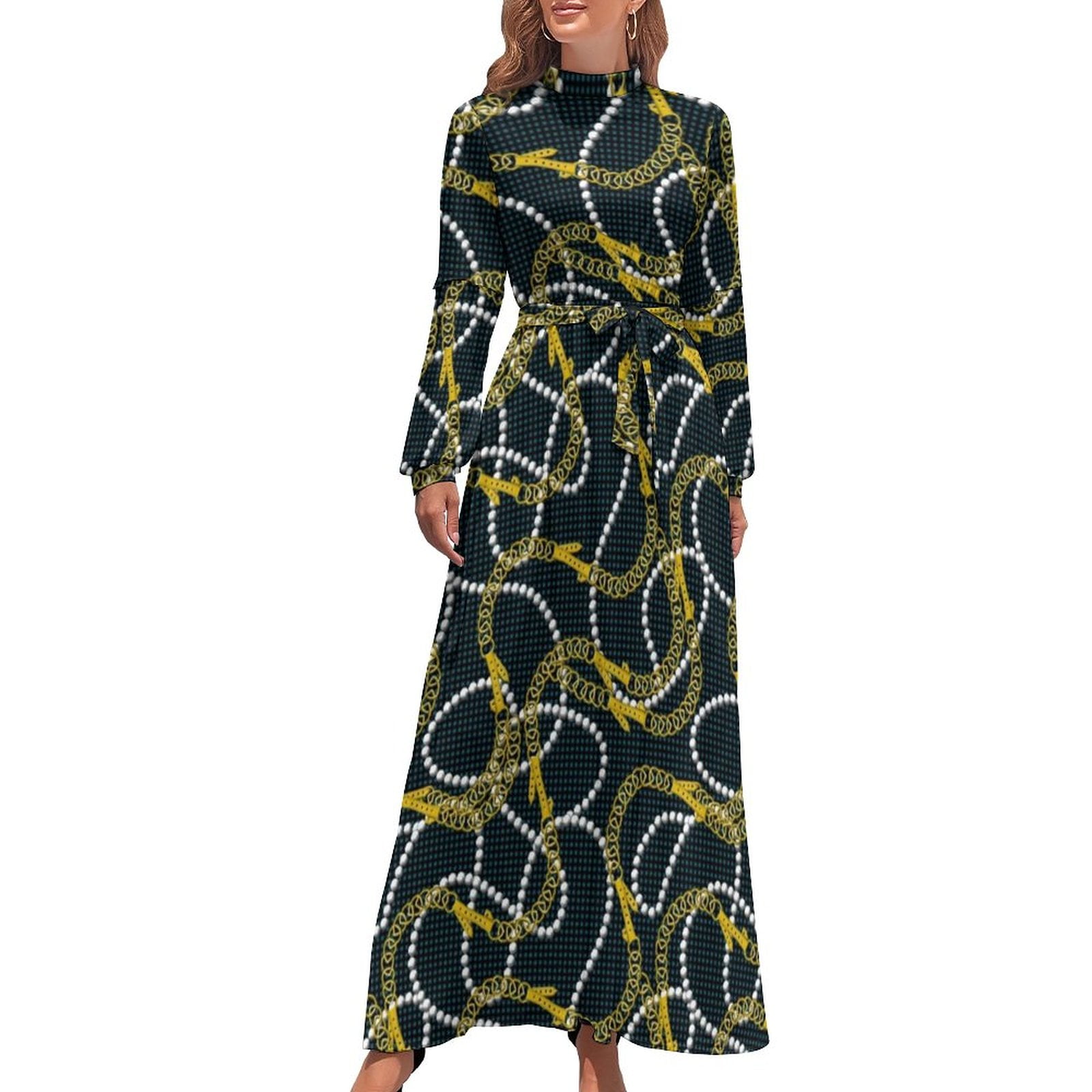 Gold Chains Dress Modern Pearls Print Elegant Maxi Dress Street Wear ...