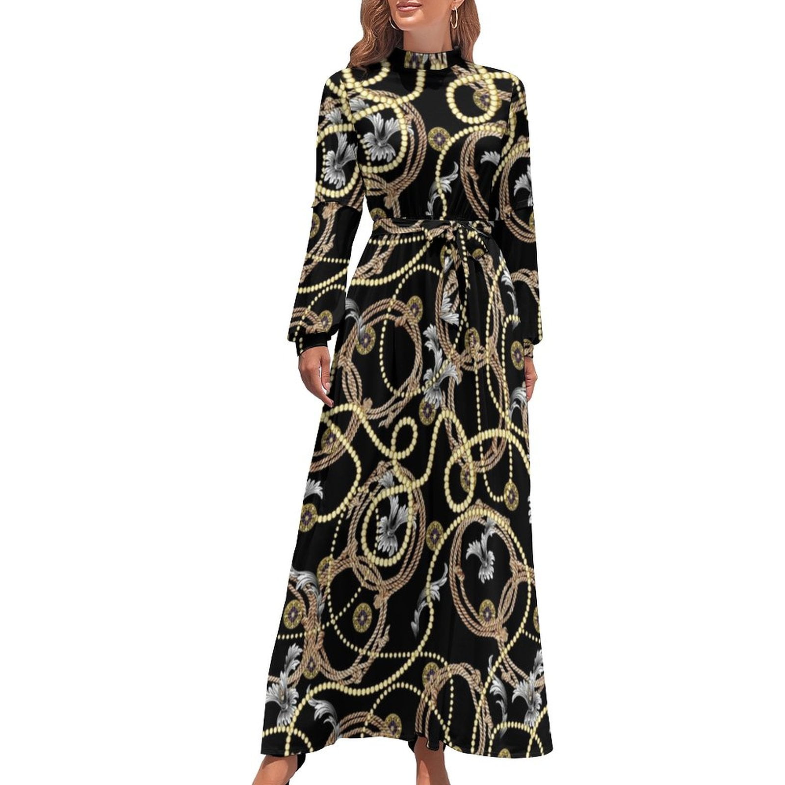 Gold Chains Dress Modern Pearls Print Elegant Maxi Dress Street Wear ...