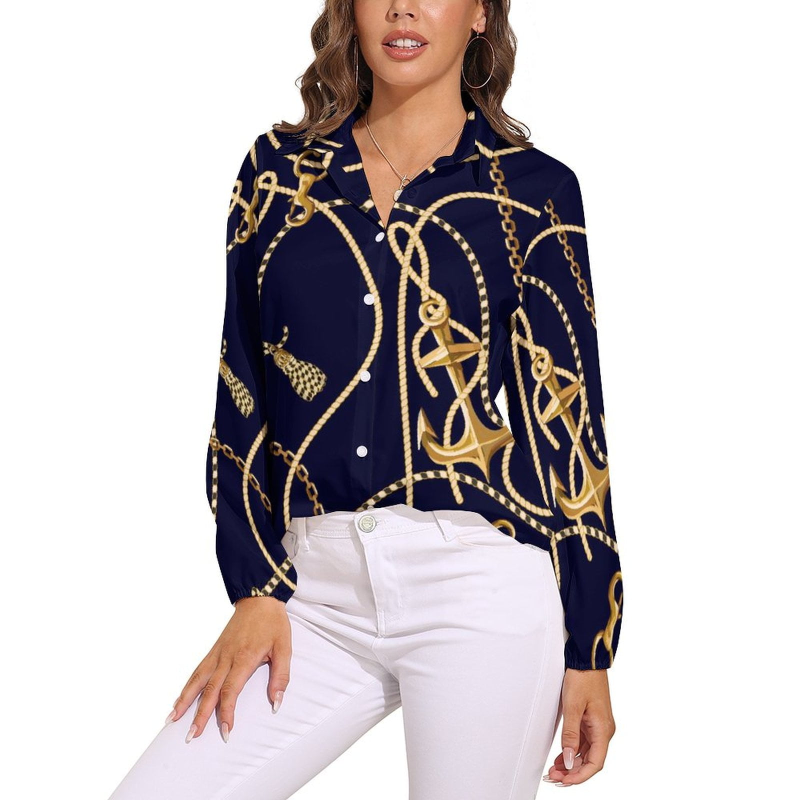 Gold Chains Loose Blouse Beads Print Korean Fashion Oversized Blouses ...