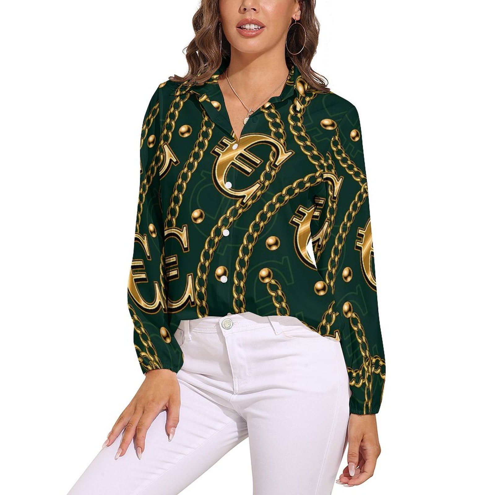 Gold Chains Loose Blouse Beads Print Korean Fashion Oversized Blouses ...