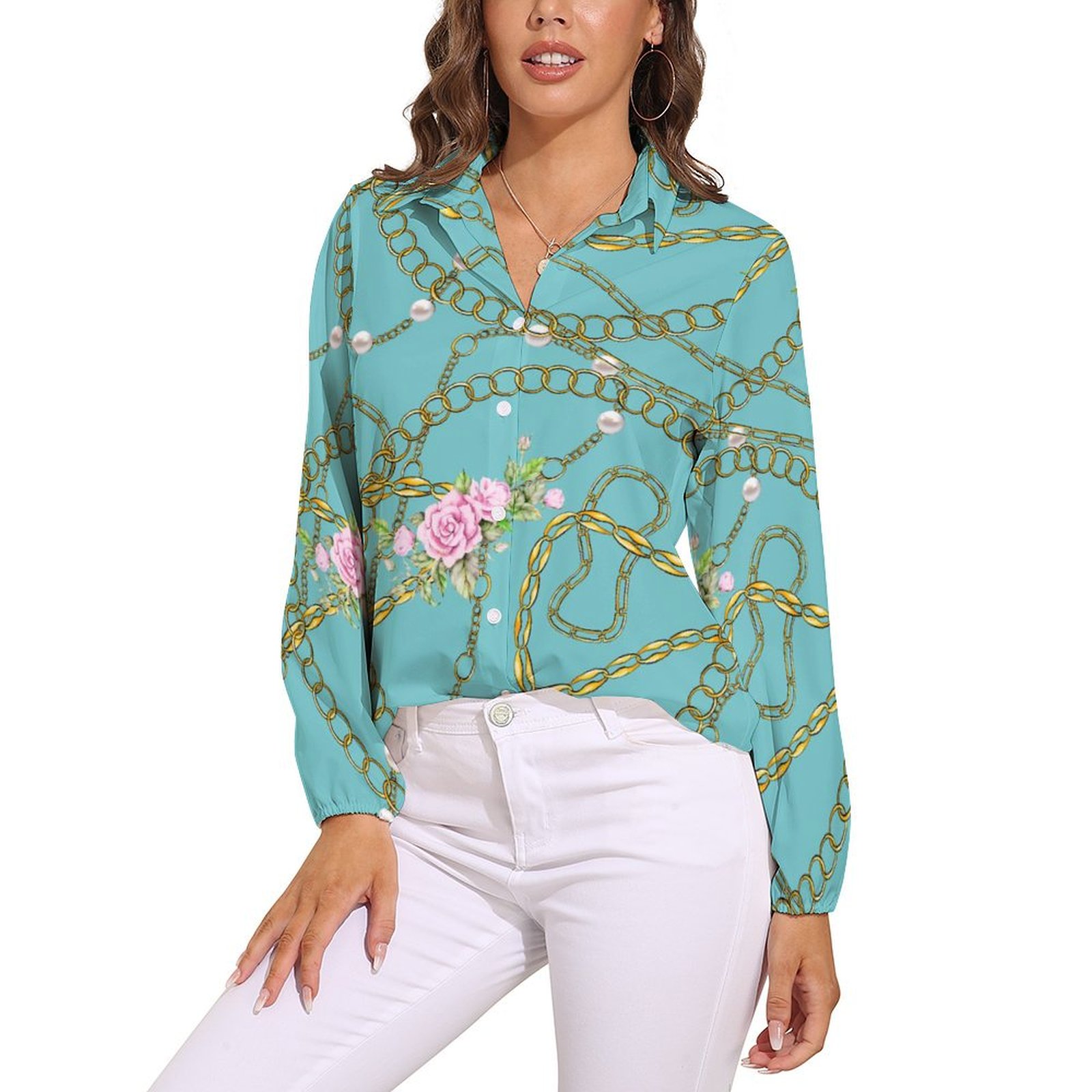 Gold Chains Loose Blouse Beads Print Korean Fashion Oversized Blouses ...