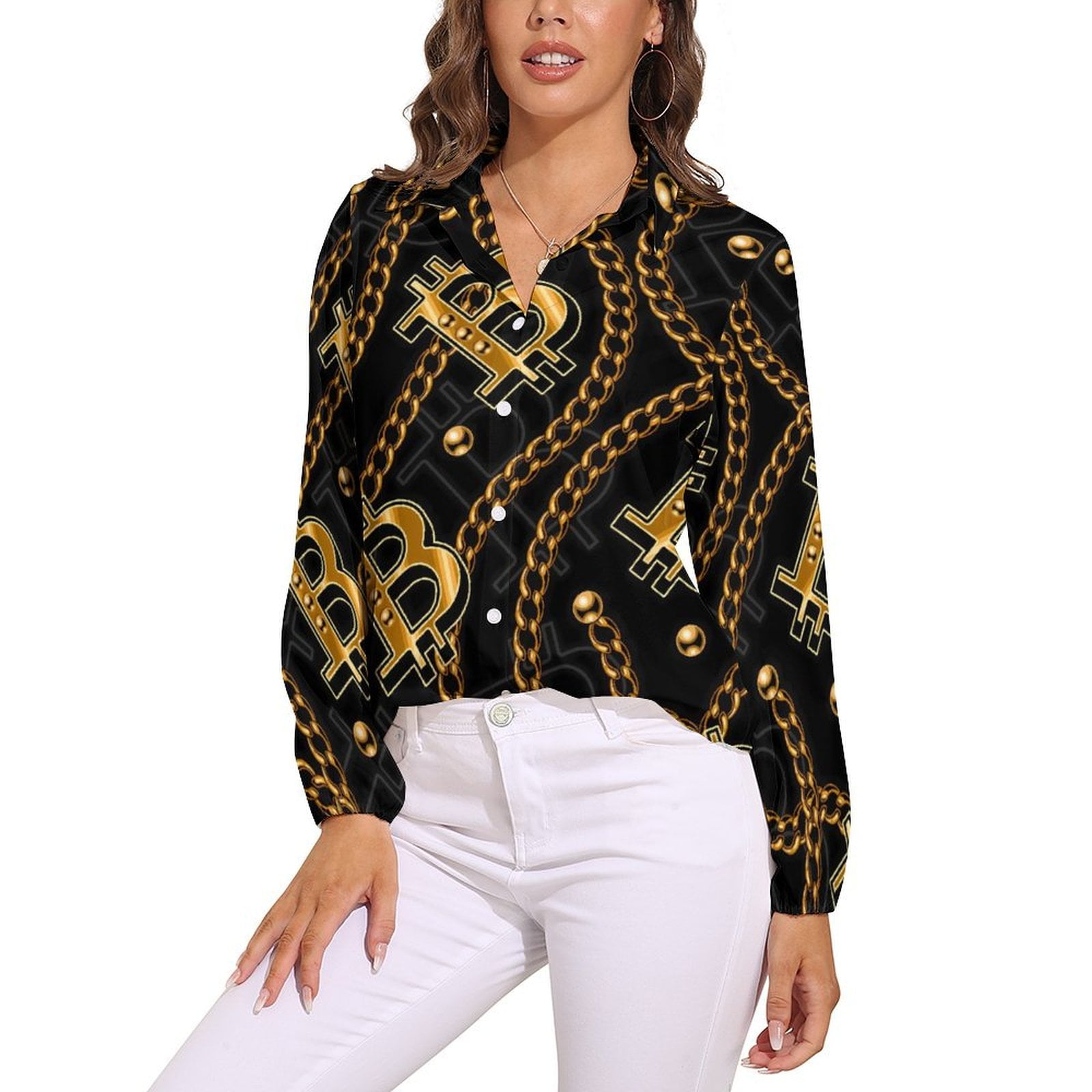 Gold Chains Loose Blouse Beads Print Korean Fashion Oversized Blouses ...