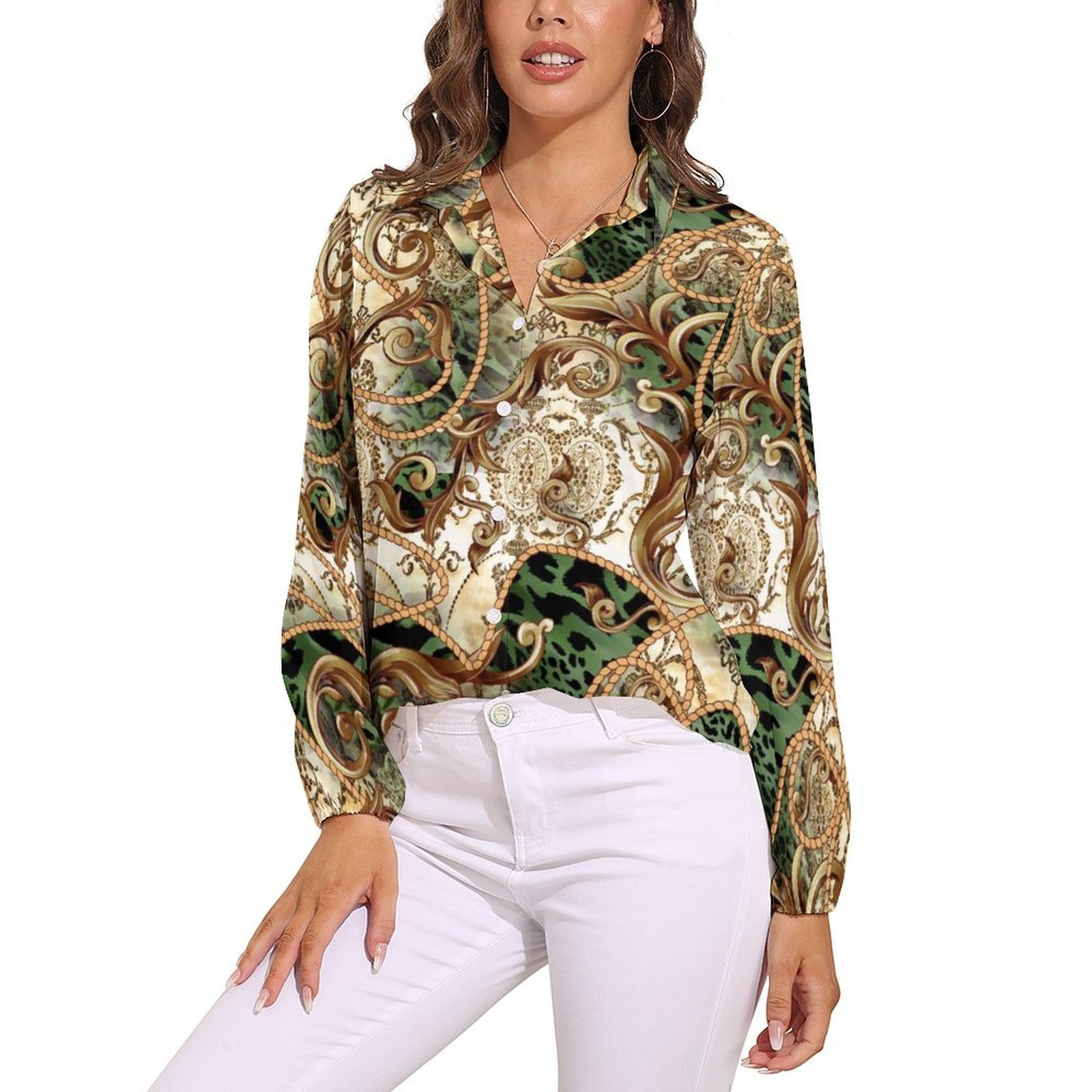 Gold Chains Loose Blouse Beads Print Korean Fashion Oversized Blouses ...