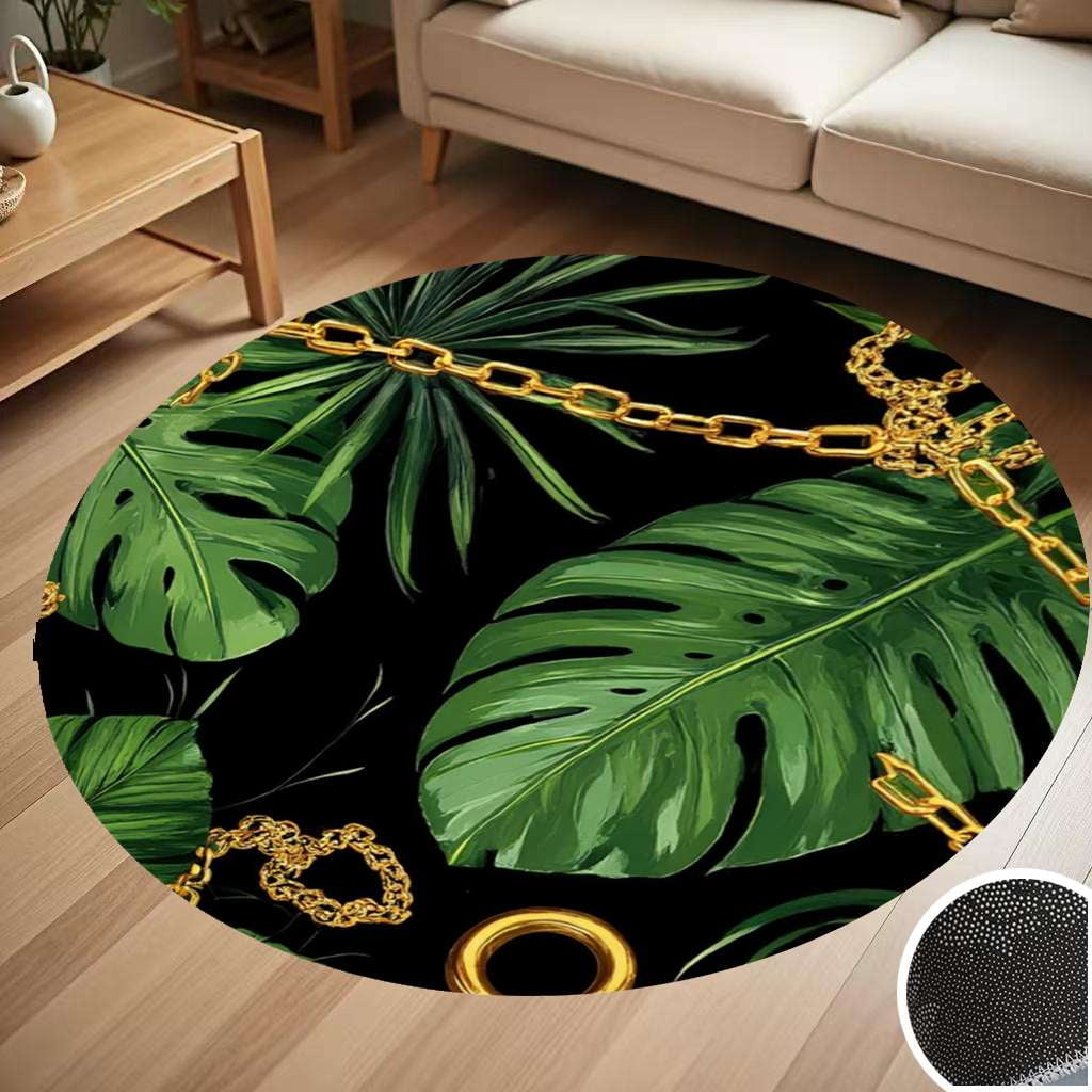 Gold Chains Lush Tropical Leaves Round Carpet Living Room Bedroom Home ...