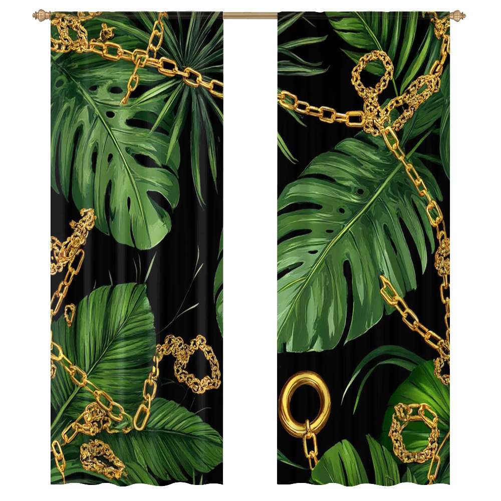 Gold Chains Lush Tropical Leaves Sheer Voile Curtain Window Tulle ...