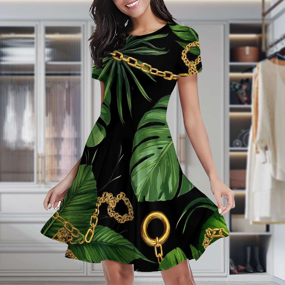 Gold Chains Lush Tropical Leaves Women's Classic Swing Skater Dress ...