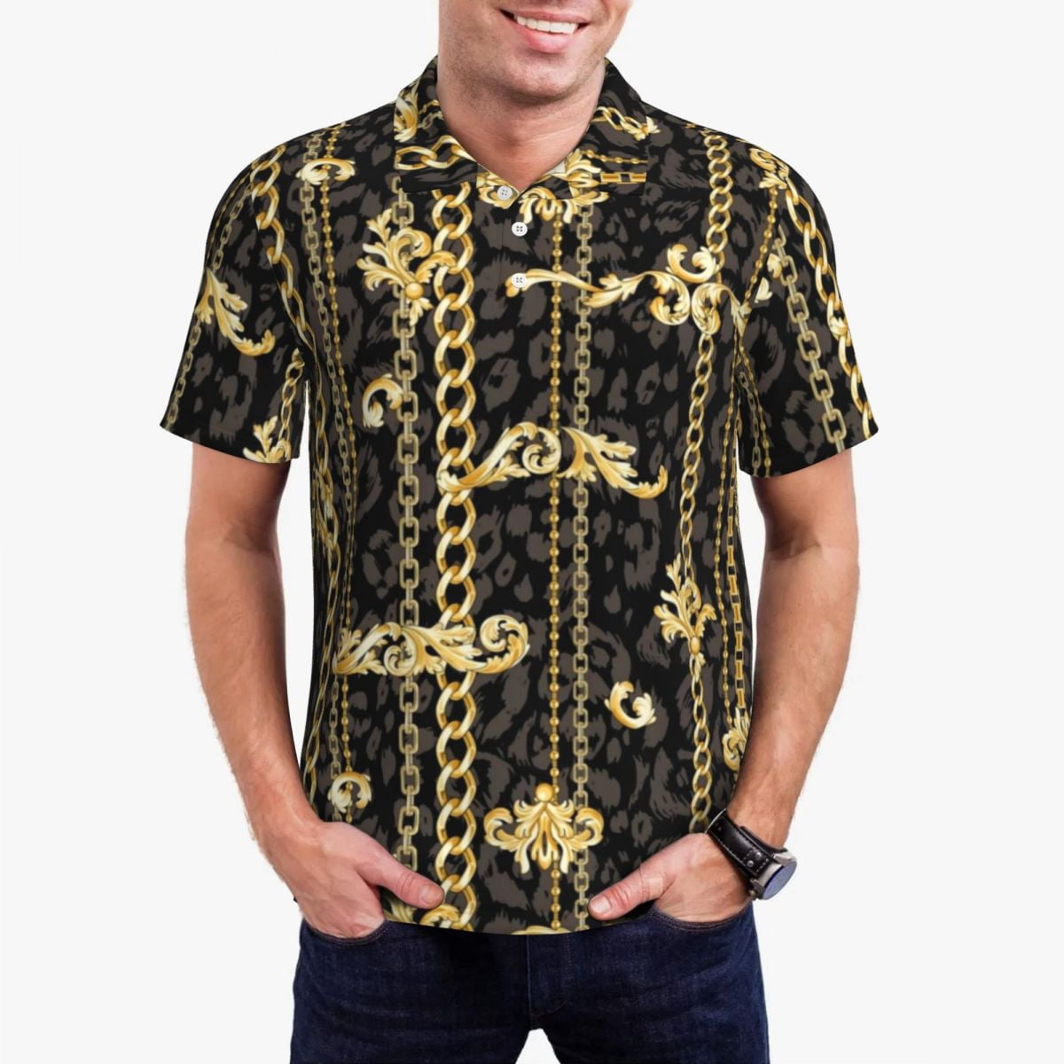 Gold Chains Polo Shirts Male Pearl Strand Jewelry Print Casual Shirt ...