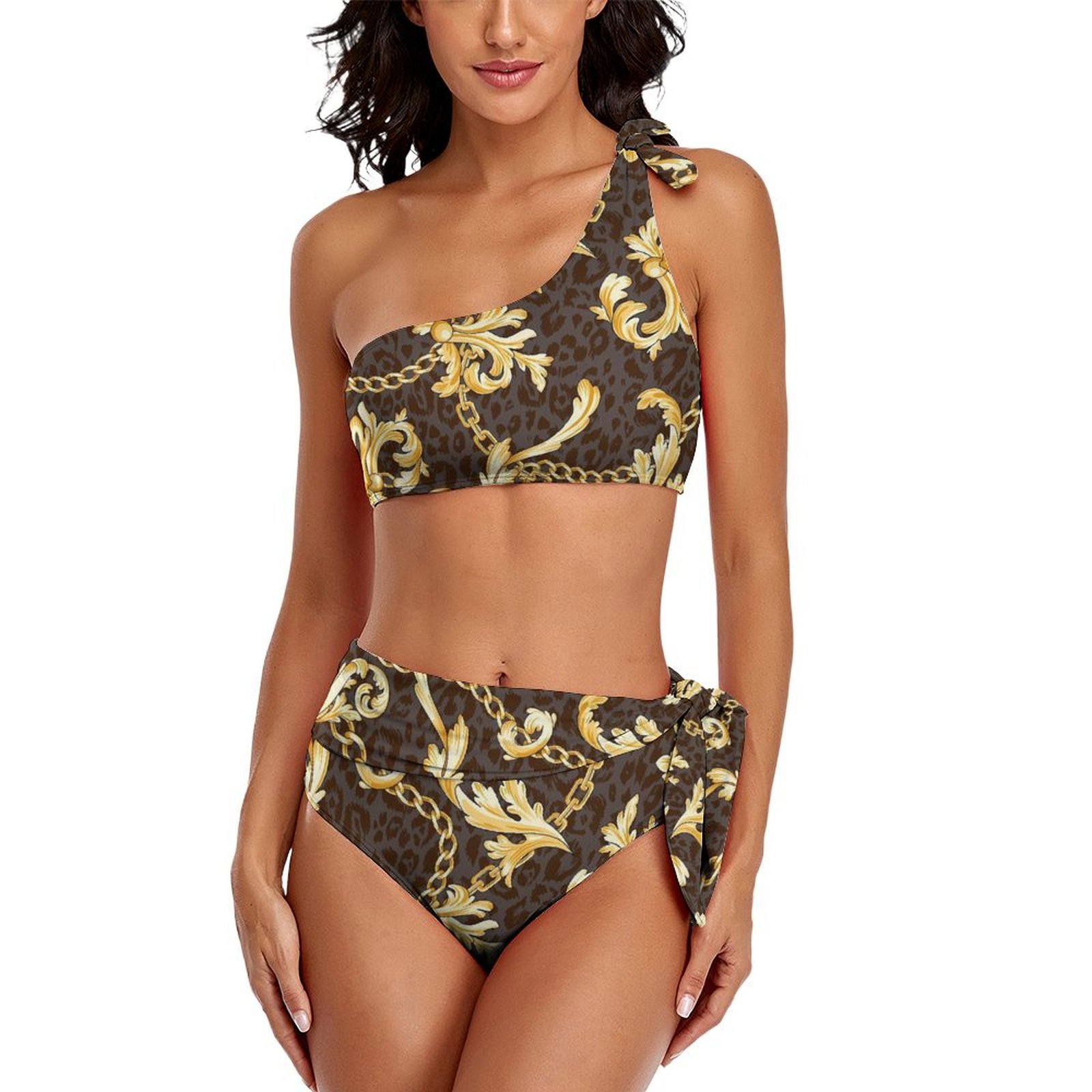 Gold Chains Print Bikinis Set Elephant And Tiger Fantasy Bikini Swimsuit One Shoulder Swimwear ...