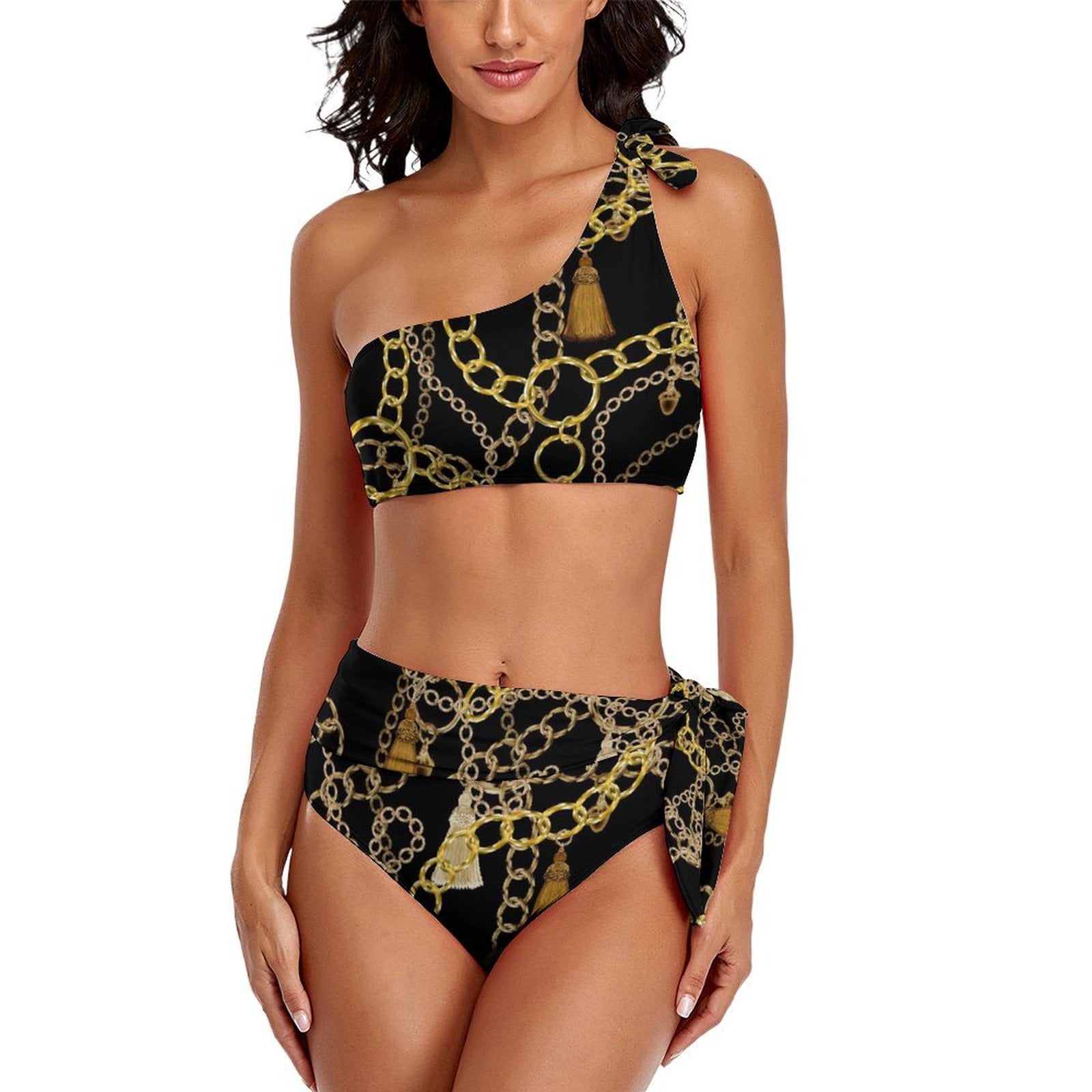 Gold Chains Print Bikinis Set Elephant And Tiger Fantasy Bikini Swimsuit One Shoulder Swimwear ...
