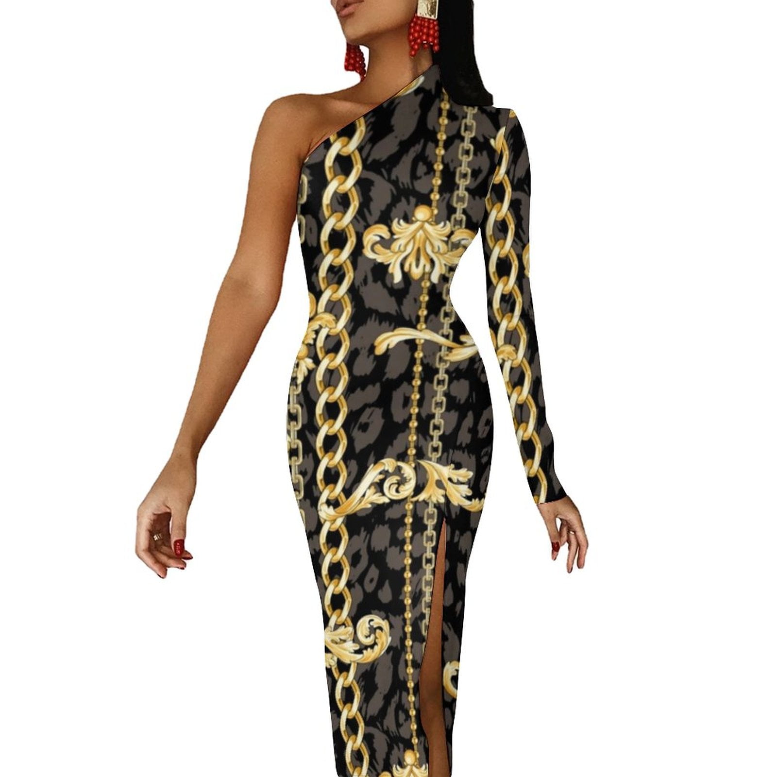Gold Chains Print Bodycon Dress Women Yellow Sunflowers Maxi Dress One ...