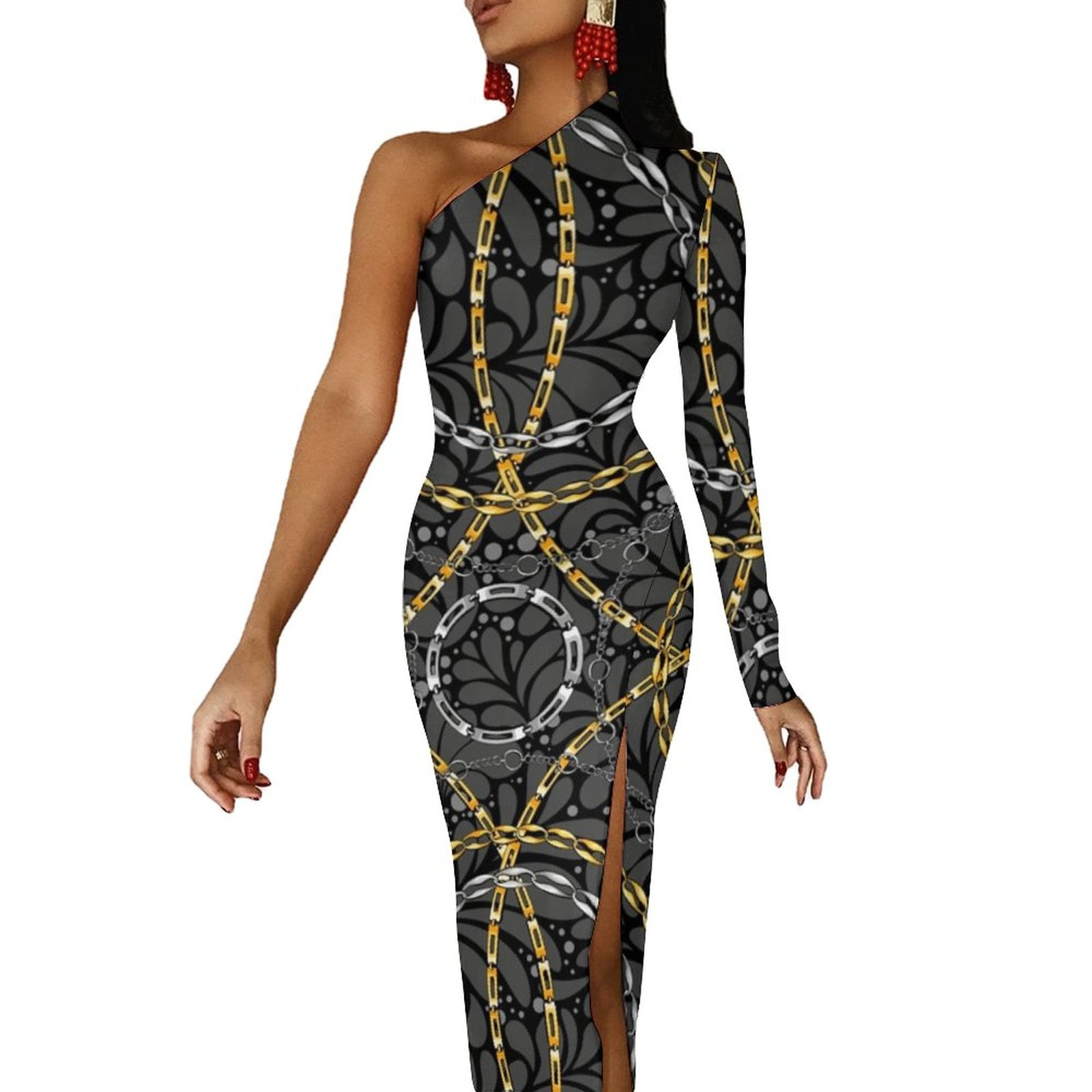 Gold Chains Print Bodycon Dress Women Yellow Sunflowers Maxi Dress One ...