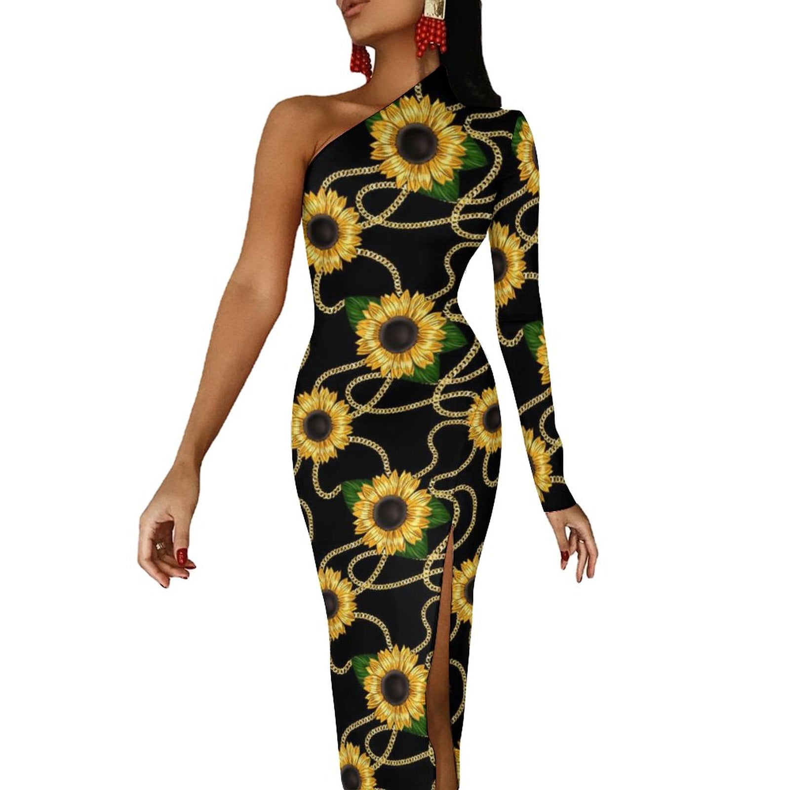 Gold Chains Print Bodycon Dress Women Yellow Sunflowers Maxi Dress One ...