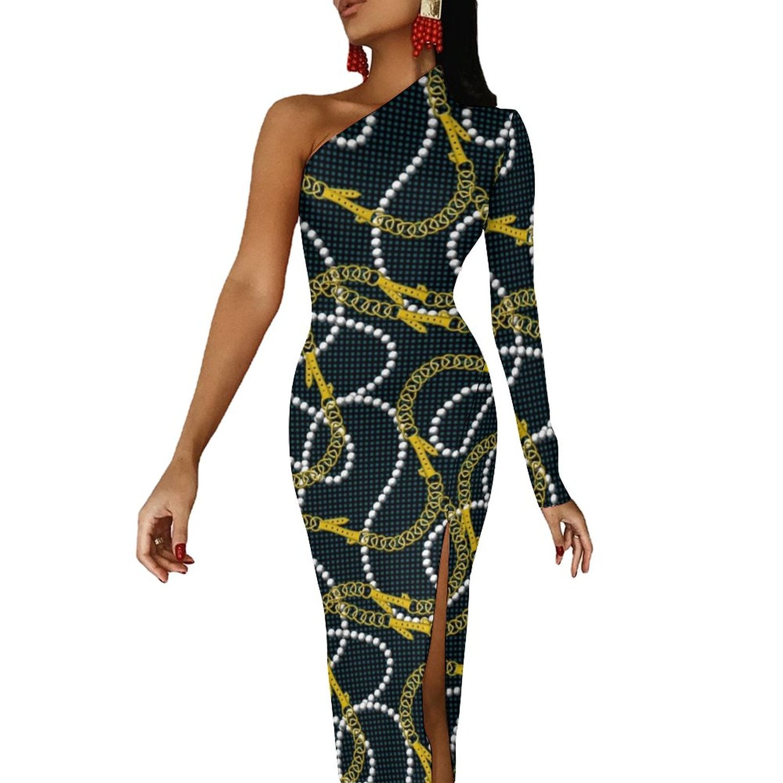 Gold Chains Print Bodycon Dress Women Yellow Sunflowers Maxi Dress One ...
