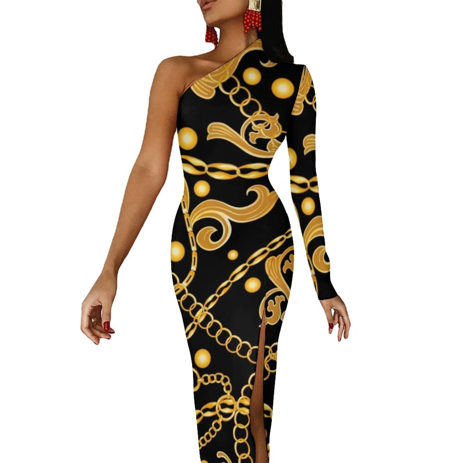 Gold Chains Print Bodycon Dress Women Yellow Sunflowers Sexy Maxi Dress ...