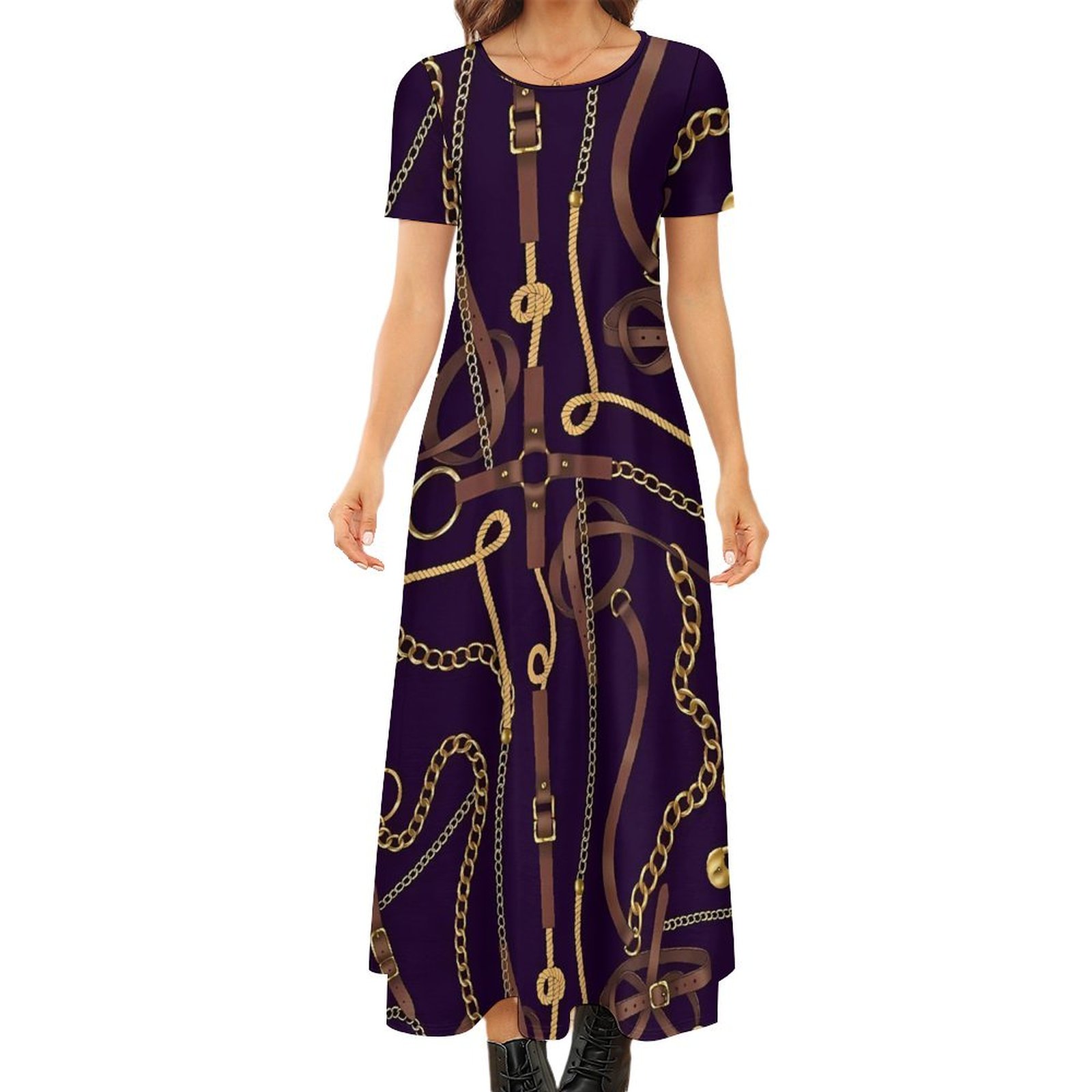 Gold Chains Print Dress Elephant And Tiger Street Fashion Bohemia Long ...