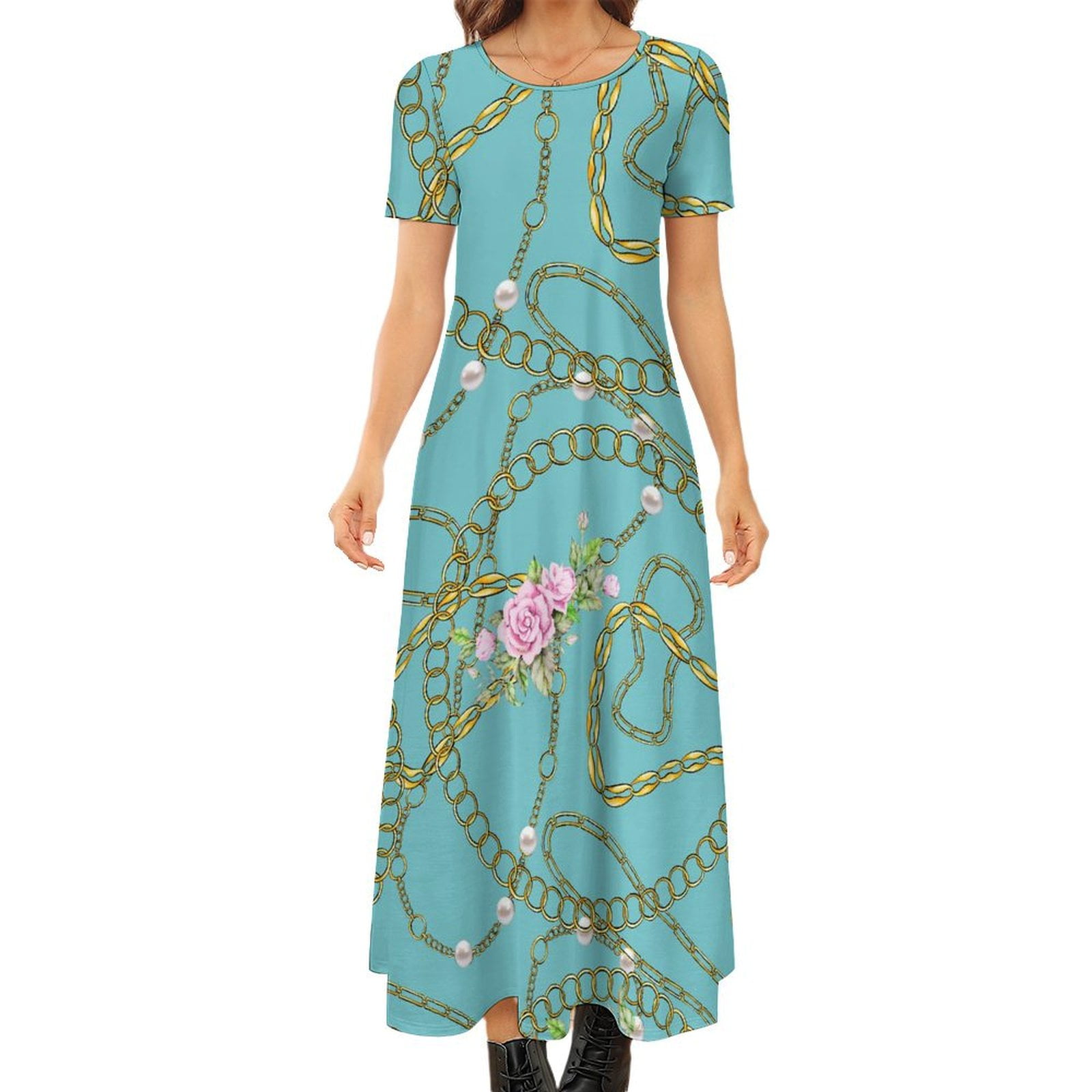 Gold Chains Print Dress Elephant And Tiger Street Fashion Bohemia Long ...